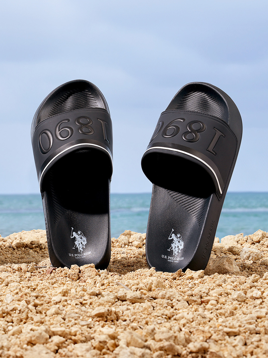 Buy U.S. Polo Assn. Men Black Self Design Sliders - Flip Flops for Men ...