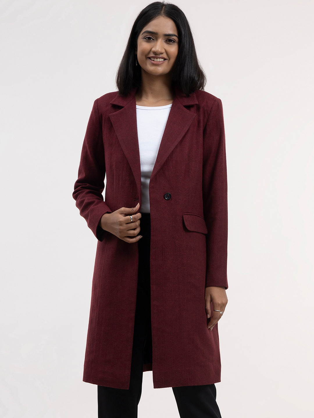 Buy FableStreet Women Maroon Self Design Wool Long Overcoat - Coats for ...