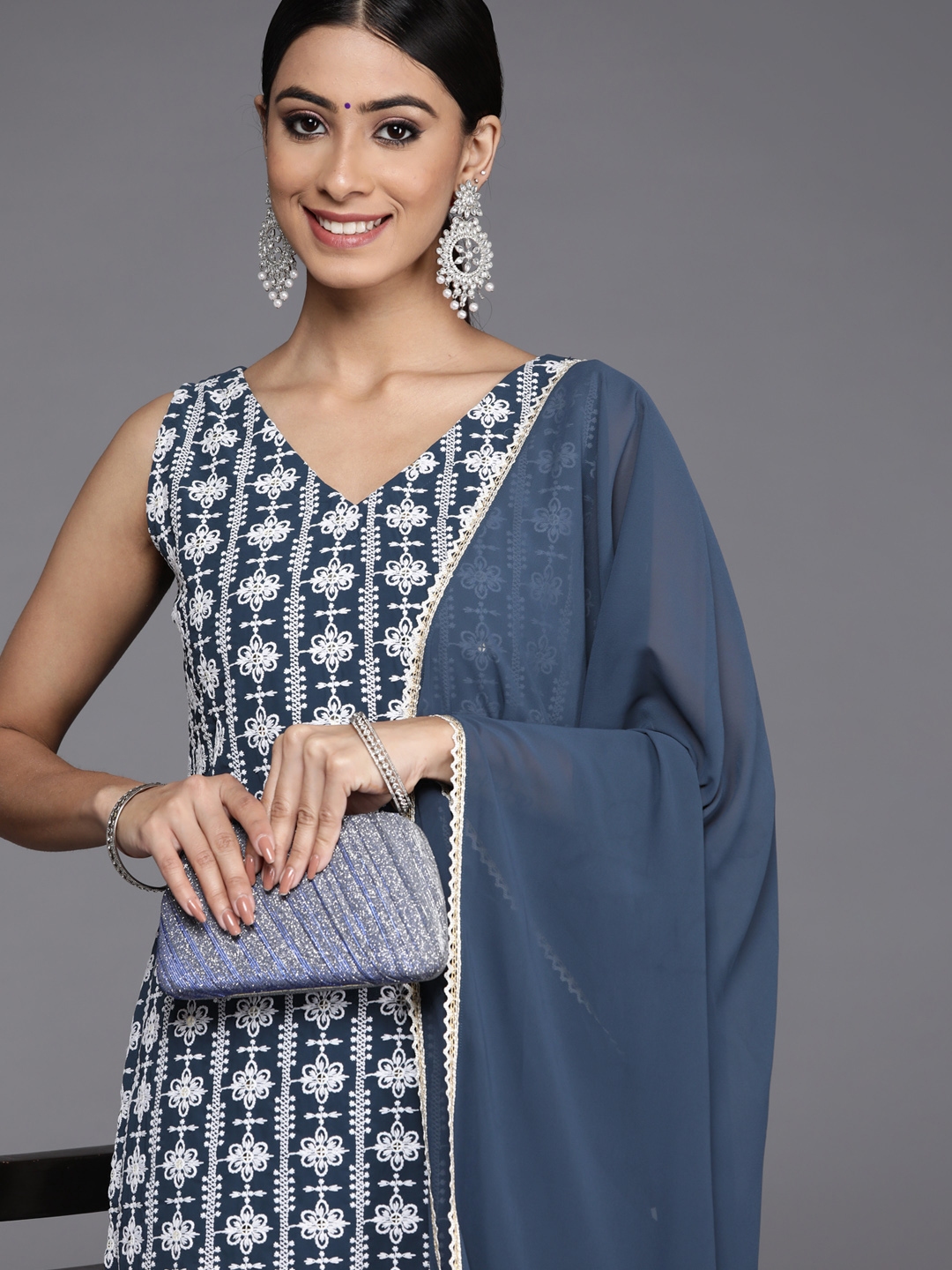 Buy Libas Women Blue Floral Embroidered Thread Work Kurta With Trousers