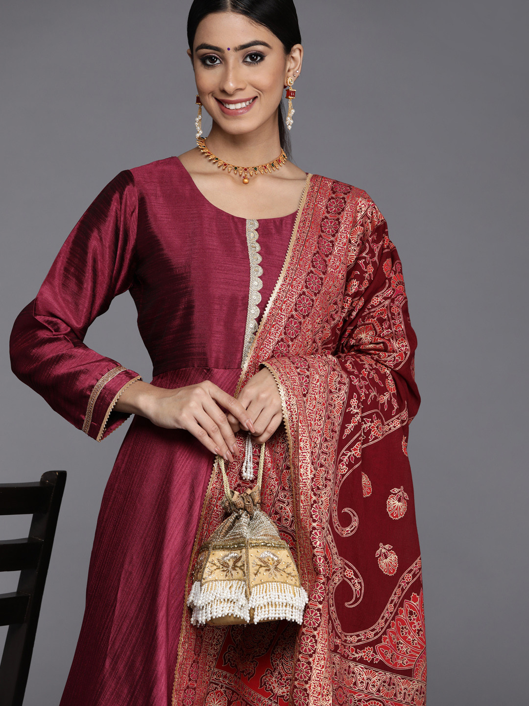 Buy Libas Women Maroon Gotta Patti Kurta With Trousers & With Dupatta ...