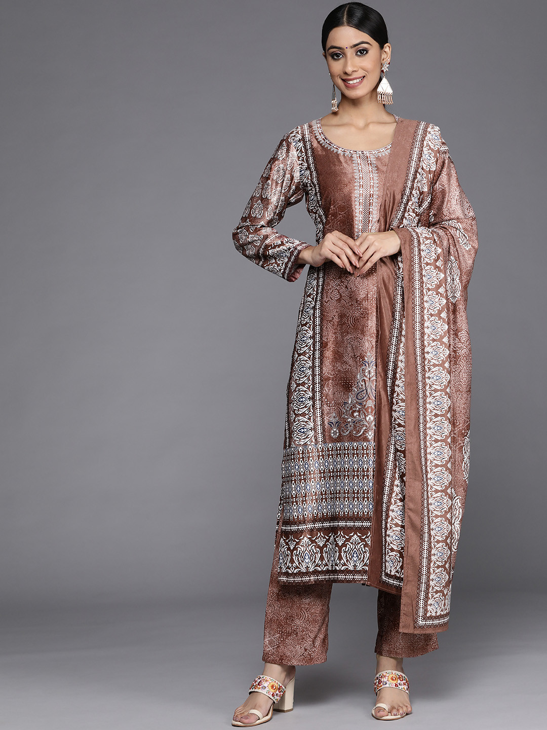 Buy Libas Women Rust Ethnic Motifs Printed Velvet Kurta With Trousers ...