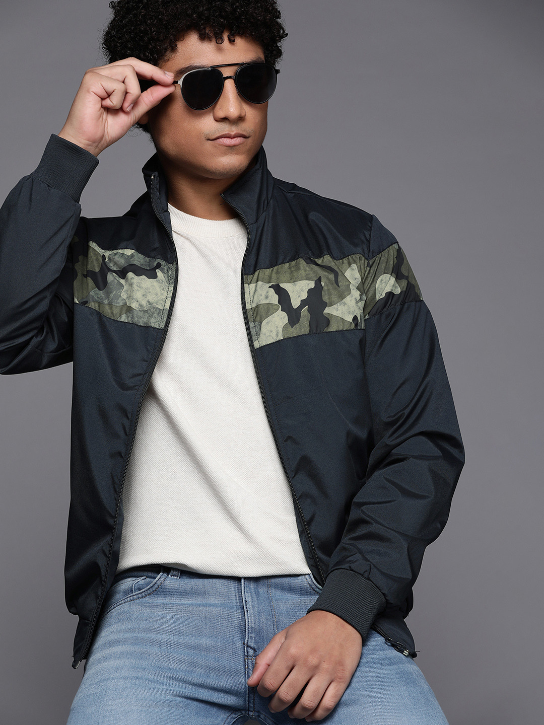 Buy Allen Solly Sport Men Navy Blue & Green Camouflage Padded Jacket ...