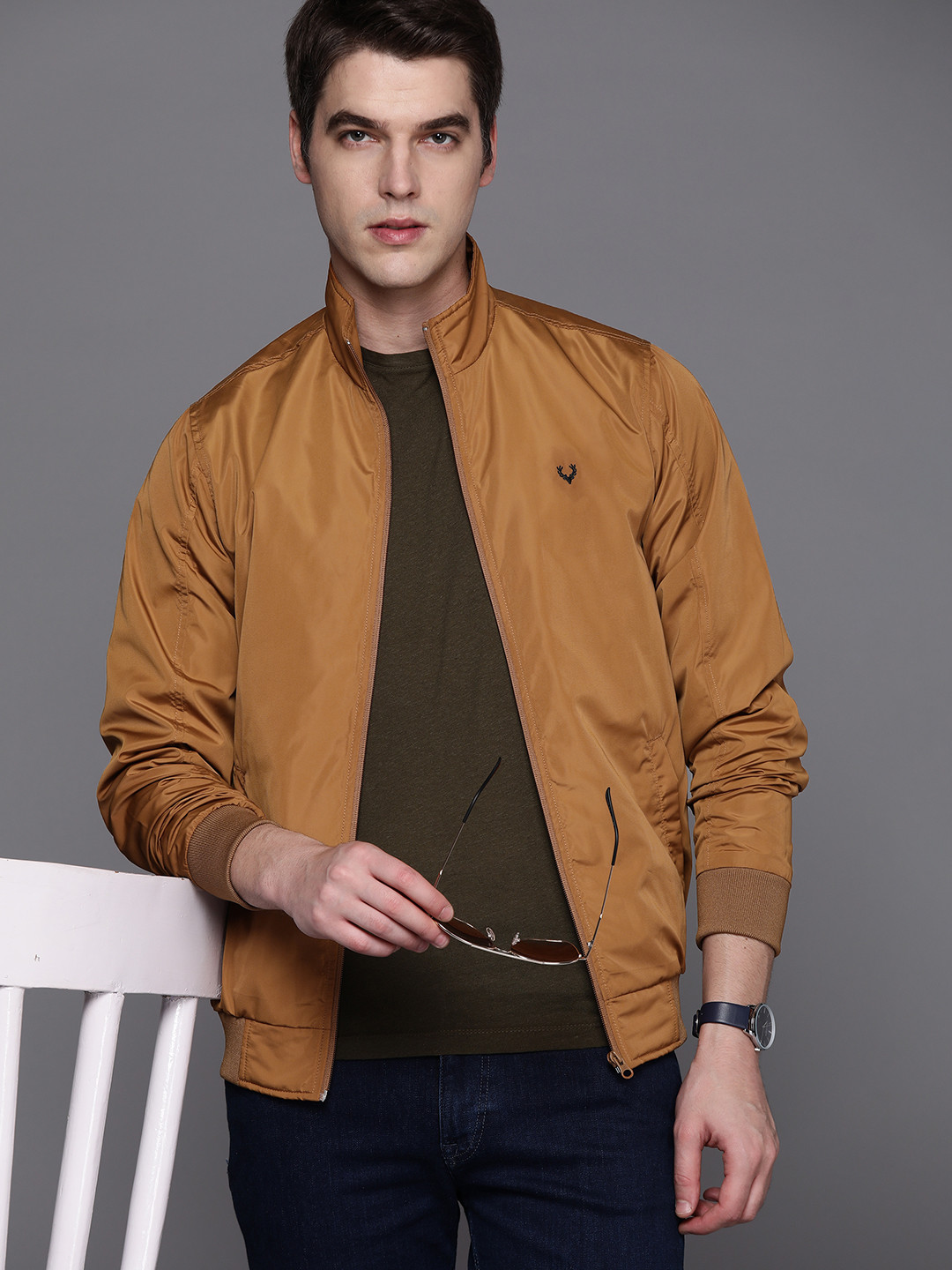 Buy Allen Solly Sport Men Mustard Brown Solid Bomber Jacket - Jackets ...