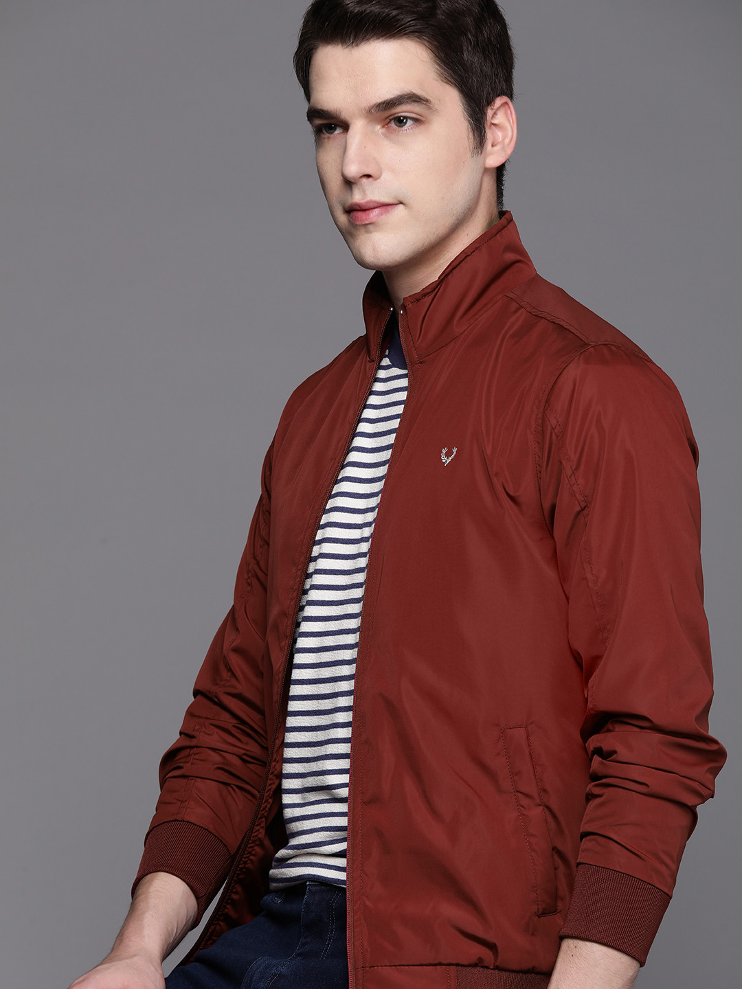 Buy Allen Solly Sport Men Maroon Solid Bomber Jacket - Jackets for Men ...