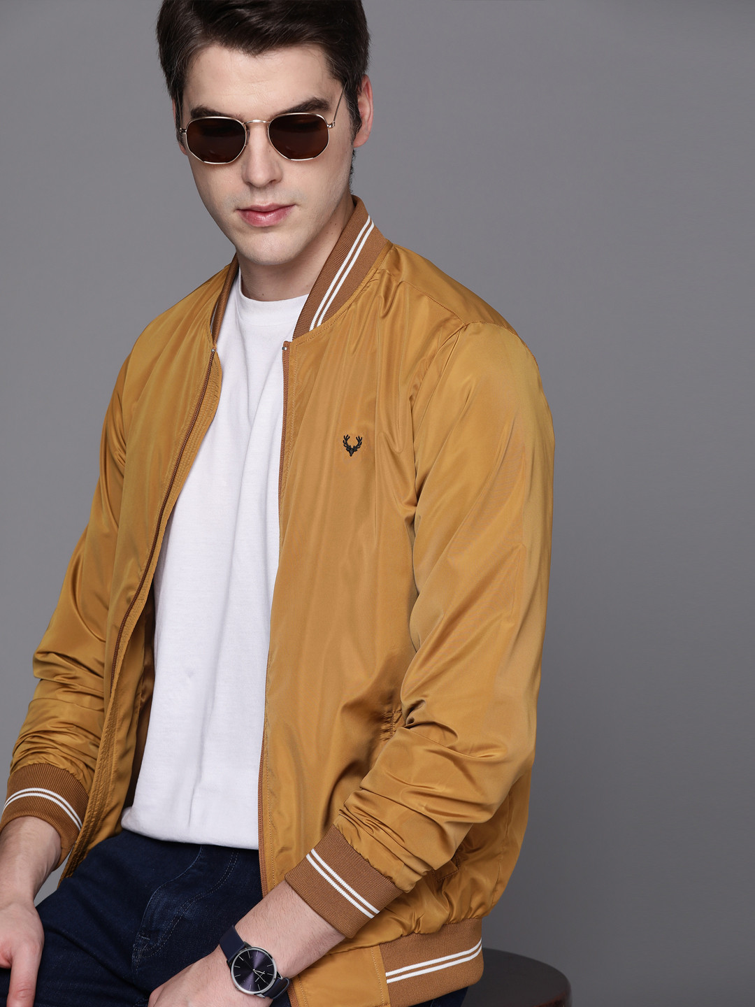 Buy Allen Solly Sport Men Mustard Brown Mandarin Collar Bomber Jacket ...