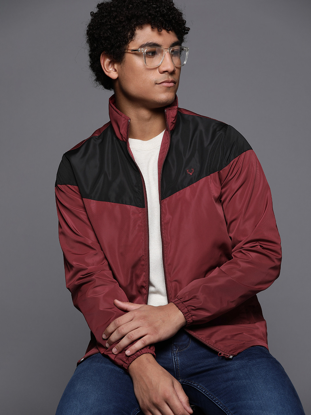 Buy Allen Solly Sport Men Maroon & Black Colourblocked Tailored Jacket ...
