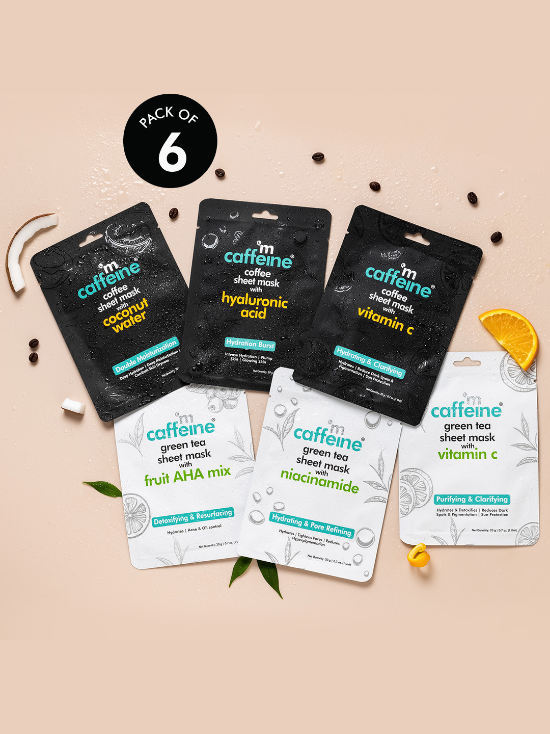 Buy MCaffeine Set Of 6 Coffee & Green Tea Face Sheet Masks 120g - Mask ...