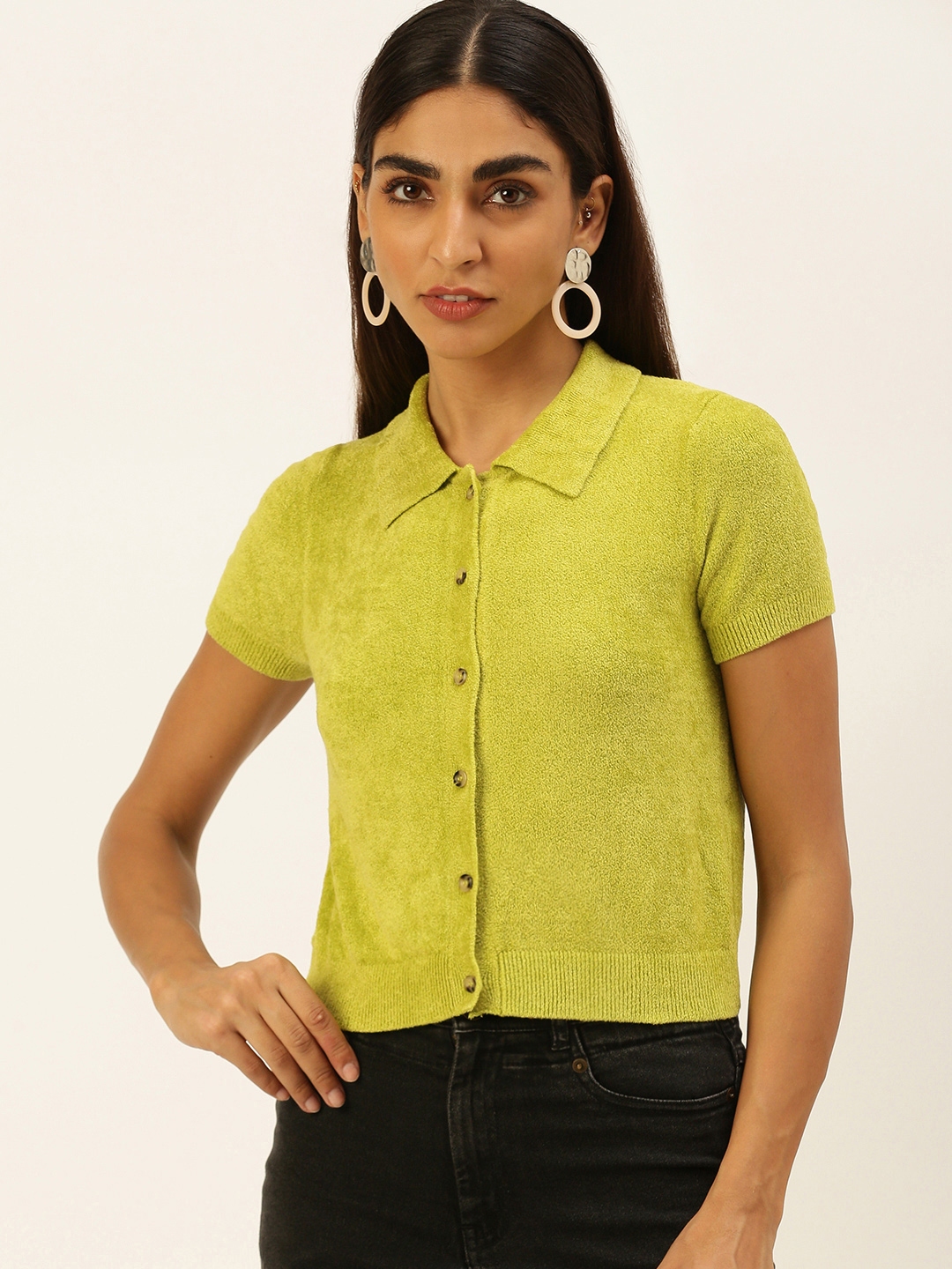Buy Forever 21 Women Olive Green Solid Crop Cardigan With Fuzzy Detail