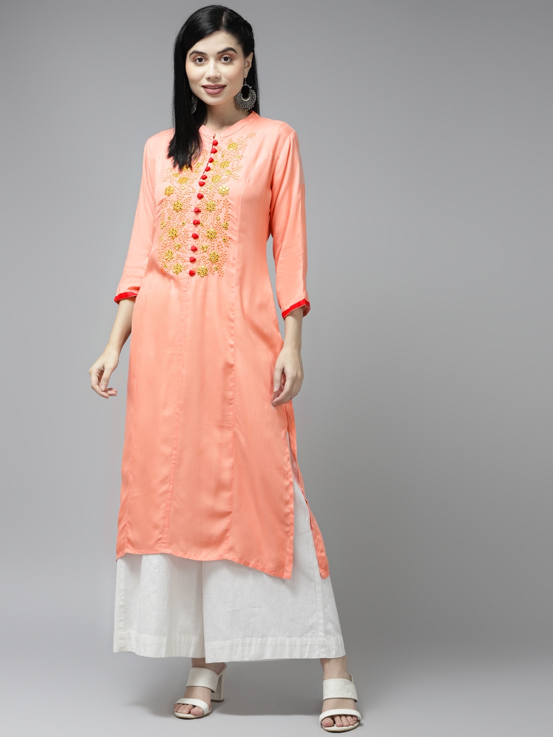 Buy Amirah S Women Peach Coloured And Mustard Yellow Ethnic Motifs