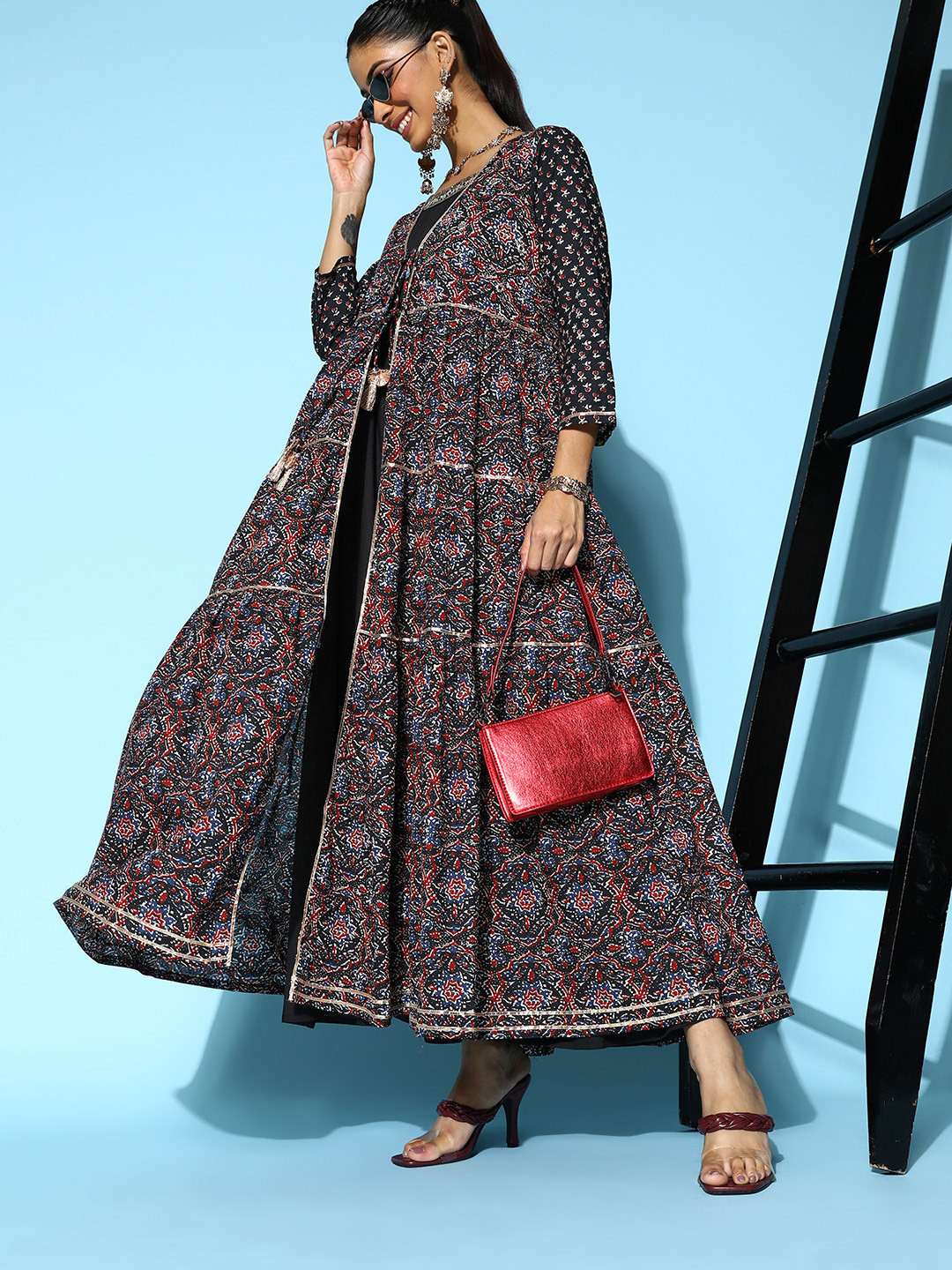 Buy Sunehri Solid Maxi Dress With Tie Ups Outer Shrug - Ethnic Dresses ...