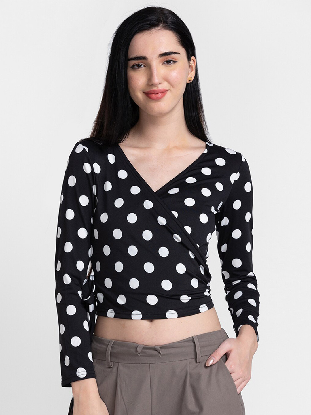 Buy Globus Women Black & White Print Wrap Crop Top - Tops for Women ...