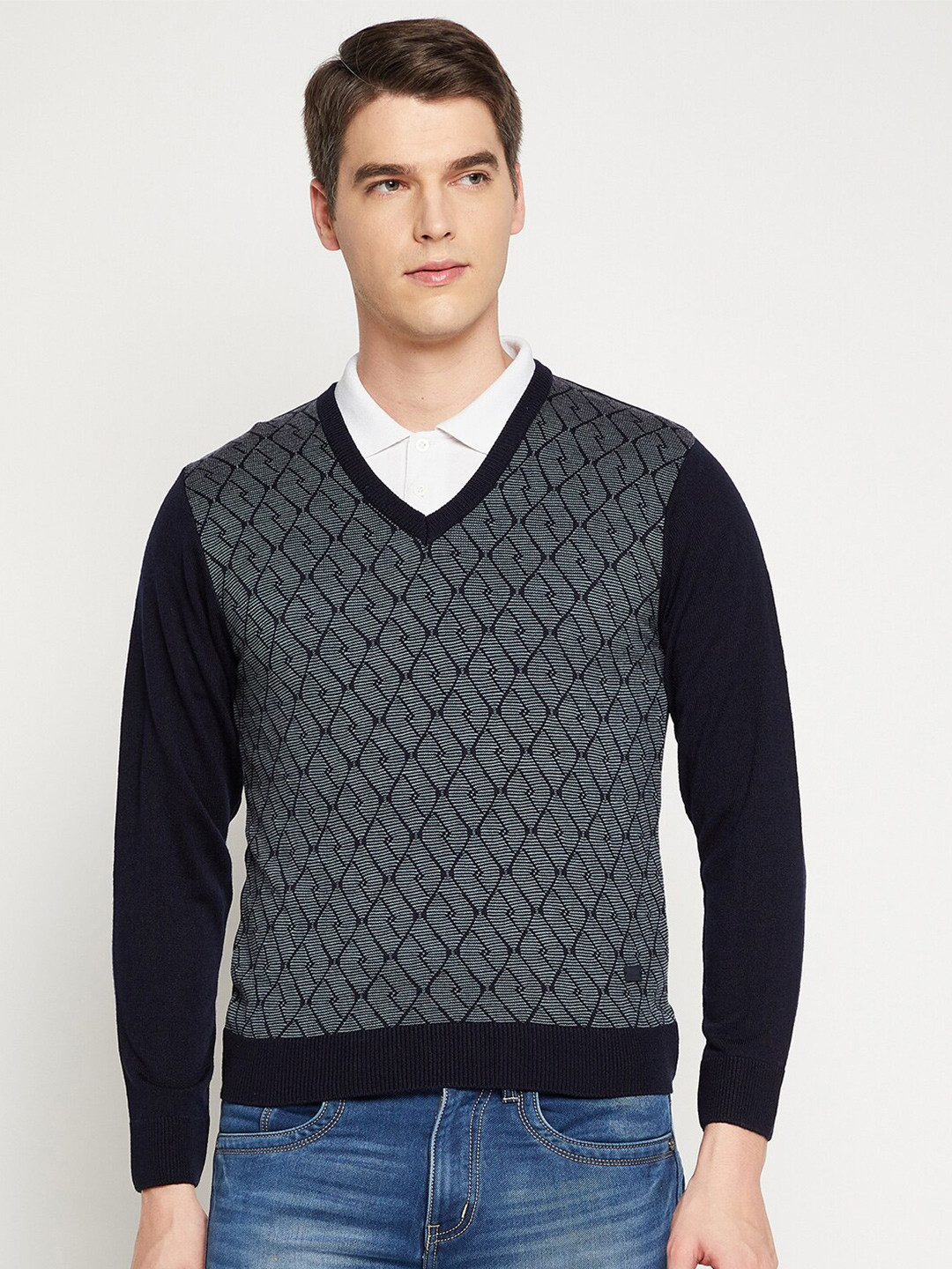 Buy Duke Men Navy Blue & White Printed Pullover - Sweaters for Men ...