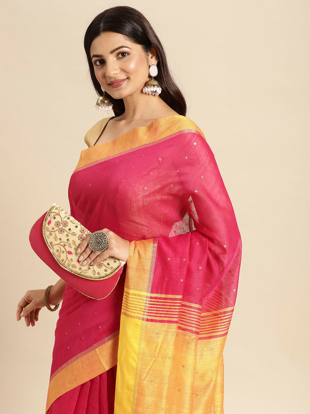 Buy DESH BIDESH Pink & Yellow Ethnic Motifs Taant Saree - Sarees for ...