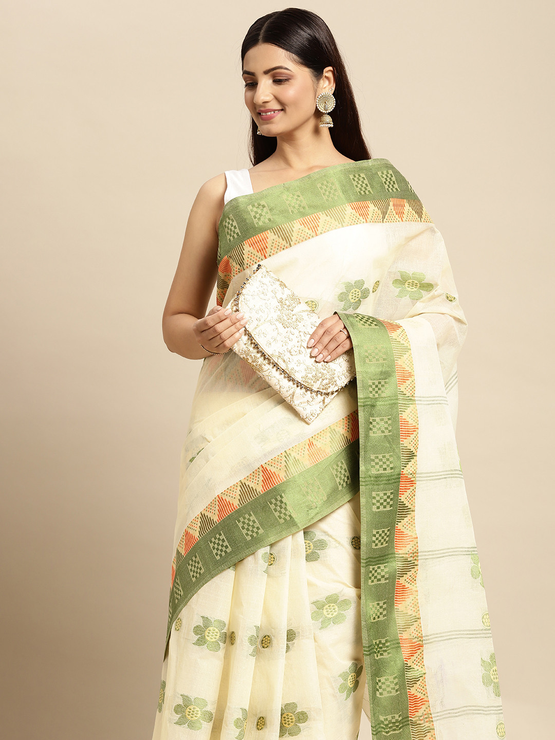Buy DESH BIDESH Off White & Green Ethnic Motifs Pure Cotton Taant Saree ...