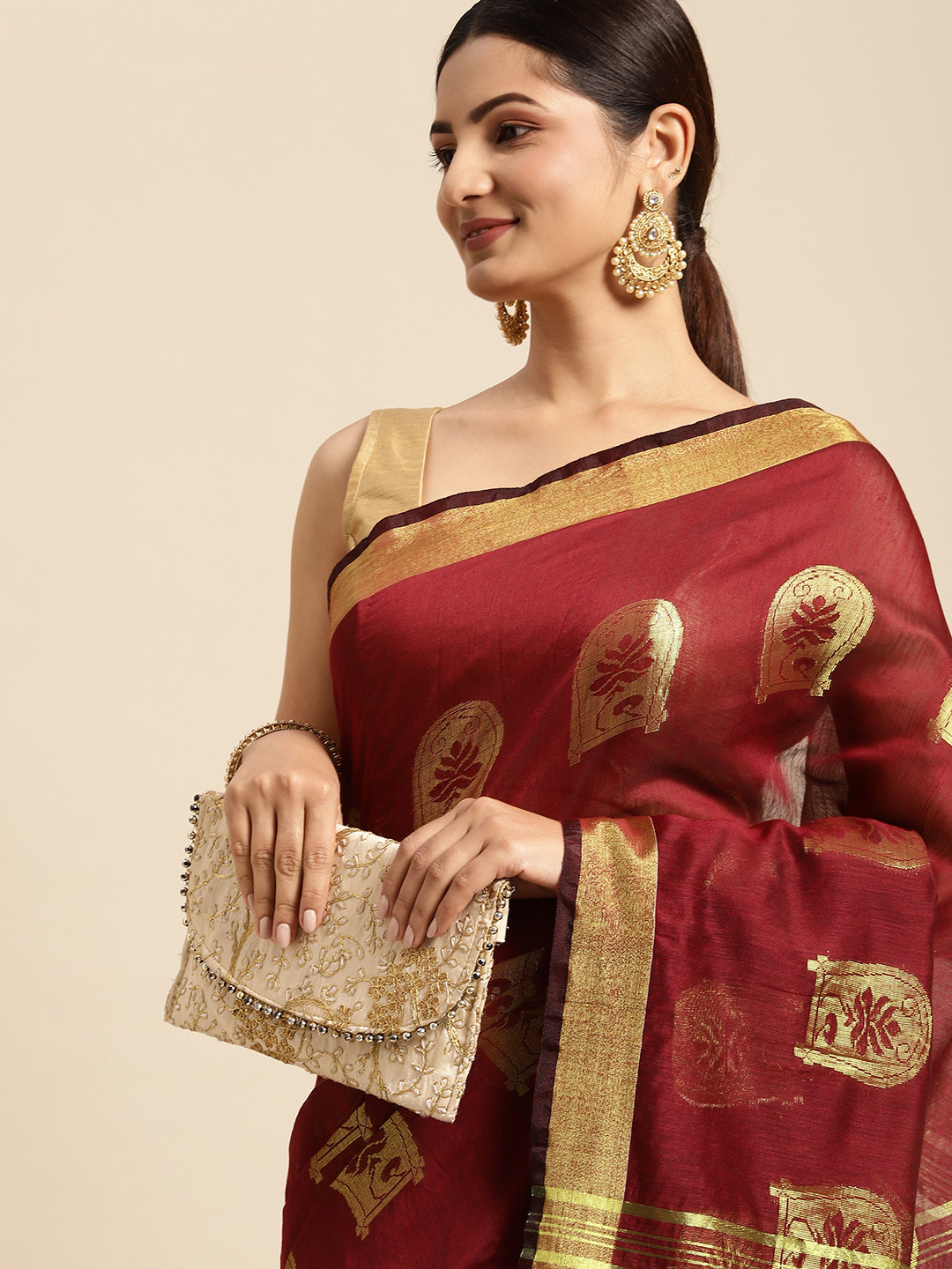 Buy DESH BIDESH Maroon & Golden Ethnic Design Pure Cotton Taant Saree ...