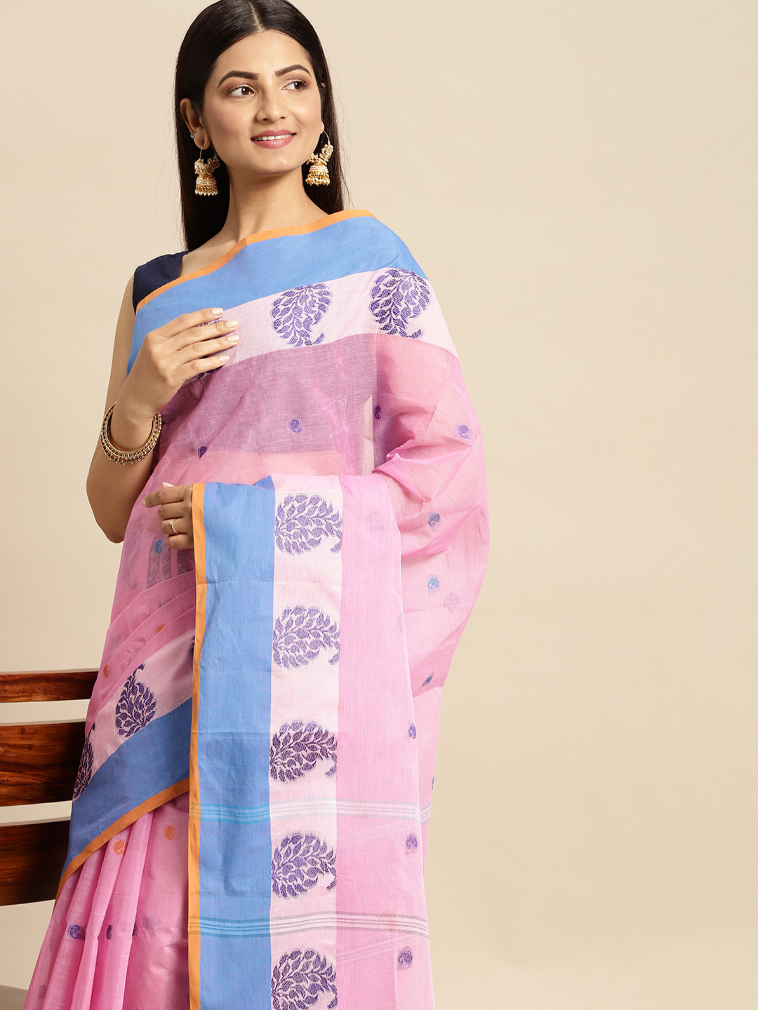 Buy DESH BIDESH Pink & Blue Ethnic Motifs Pure Cotton Taant Saree ...