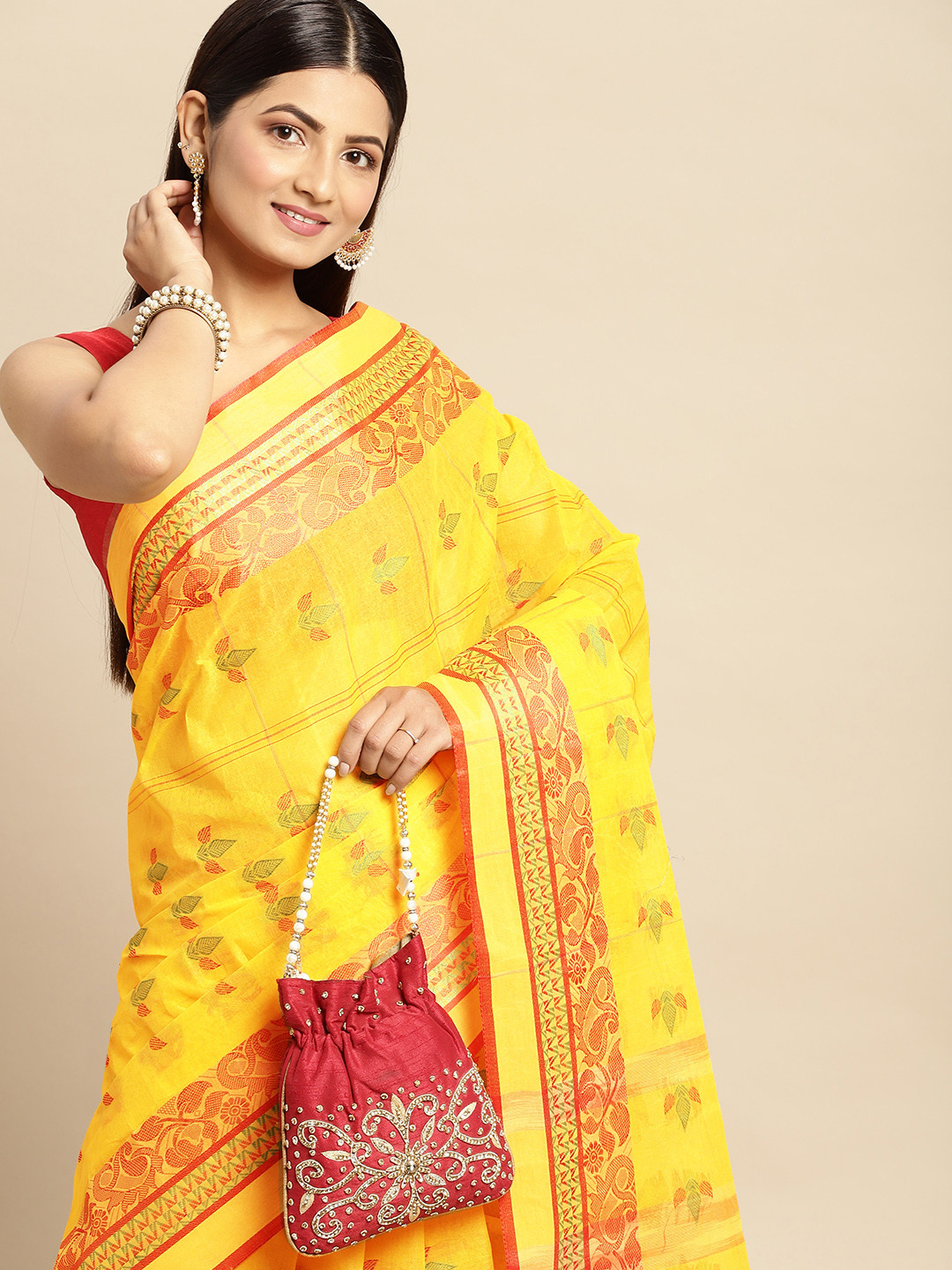 Buy DESH BIDESH Yellow Ethnic Motifs Pure Cotton Taant Saree - Sarees ...