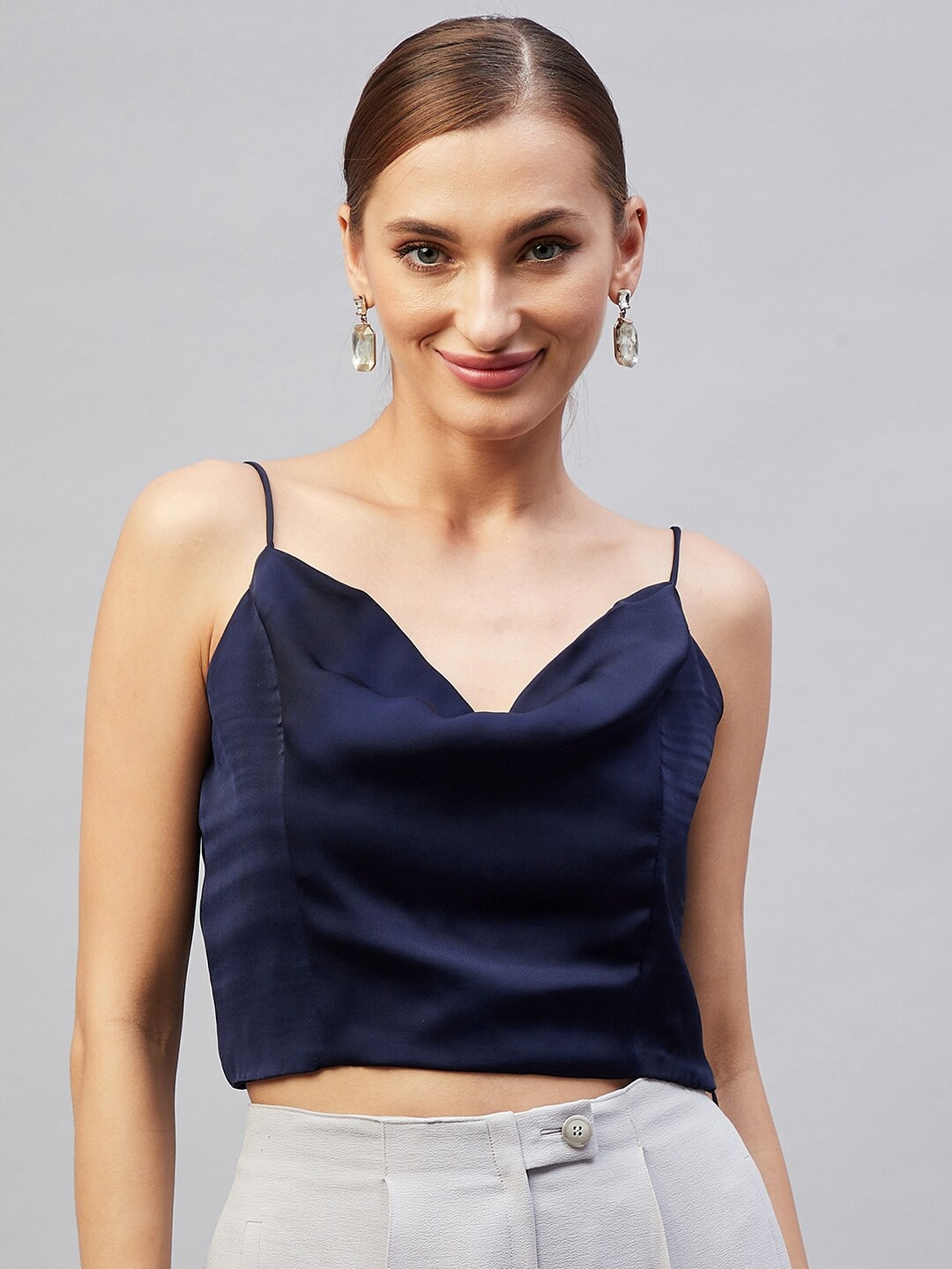 Buy Marie Claire Navy Blue Solid Shoulder Strap Crop Top - Tops for ...