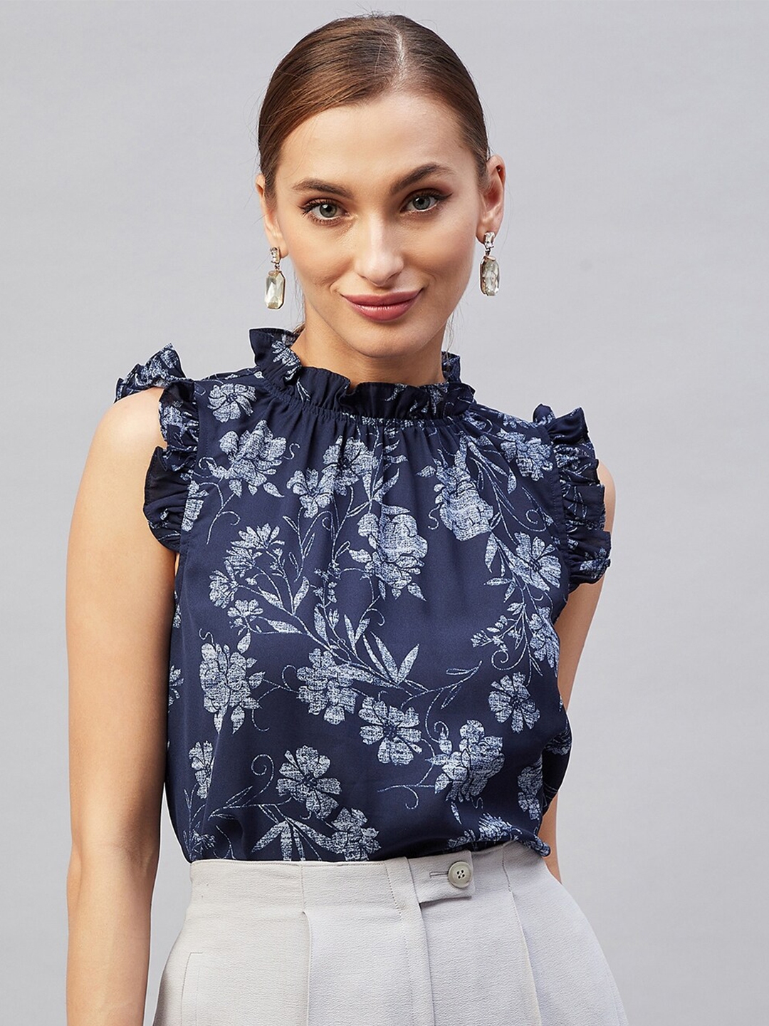 Buy Rare Navy Blue Floral Print Tie Up Neck Ruffles Georgette Top