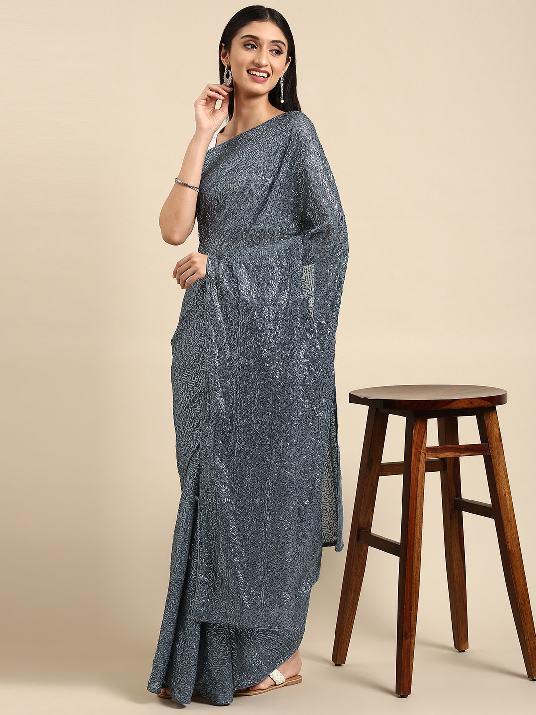 Buy Anouk Grey Sequinned Pure Georgette Saree - Sarees for Women ...