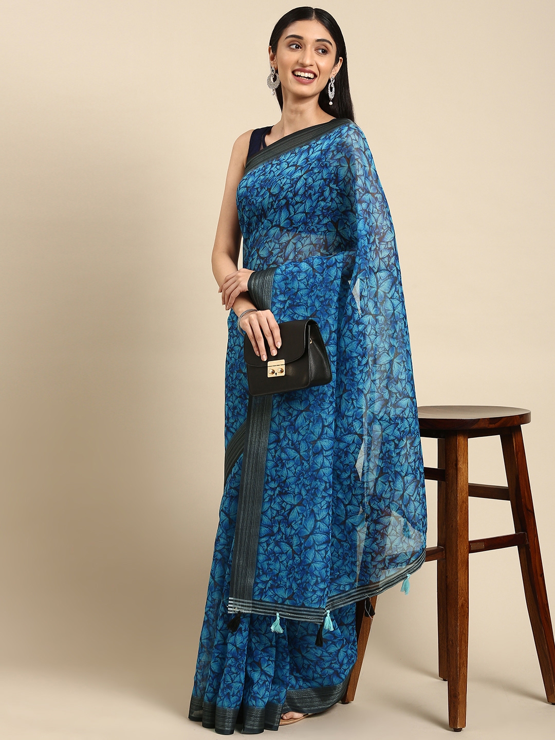 Buy Anouk Blue Ethnic Motifs Print Pure Linen Saree Sarees For Women