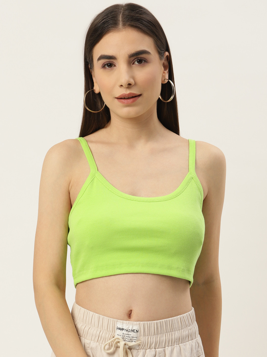 Buy Besiva Women Fluorescent Green Ribbed Solid Crop Top With Narrow ...