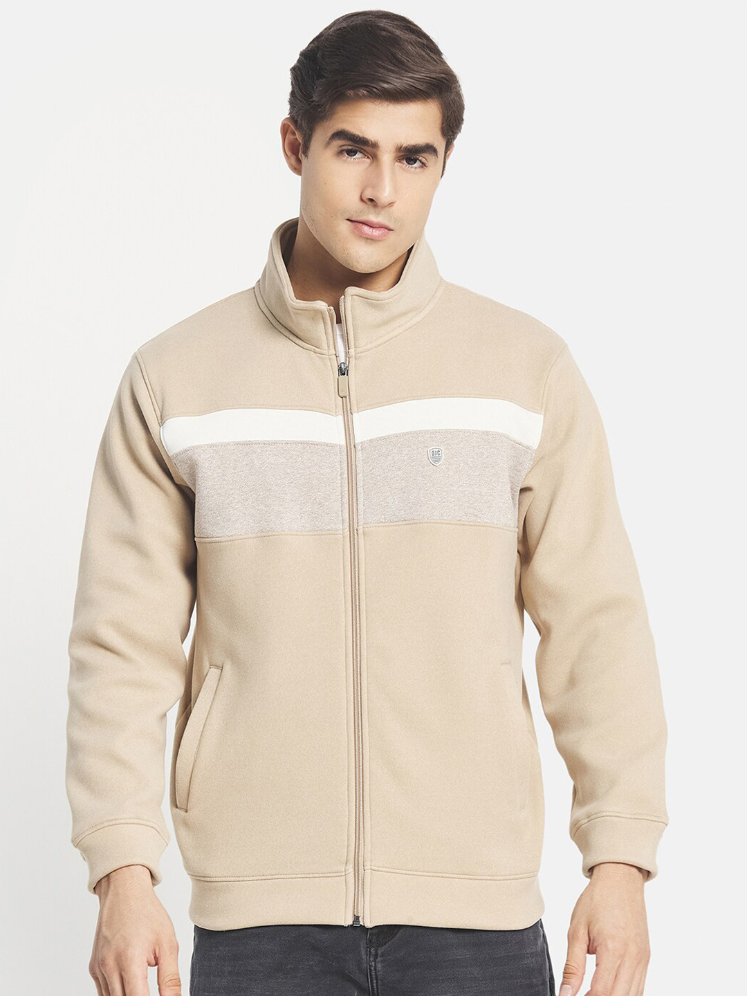 Buy Octave Men Beige & White Colourblocked Fleece Front Open Sweatshirt ...