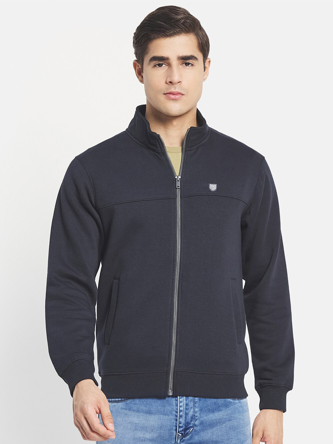 Buy Octave Men Navy Blue Solid Fleece Front Open Sweatshirt ...