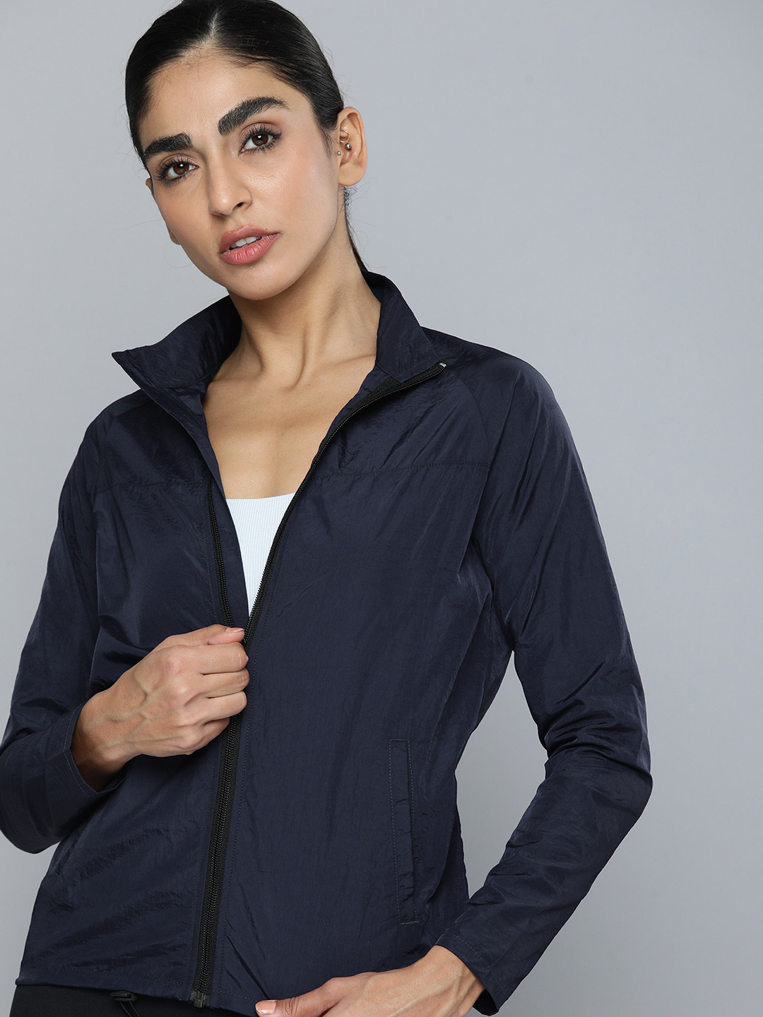 Buy HRX By Hrithik Roshan Women Navy Blue Solid Running Sporty Jacket ...