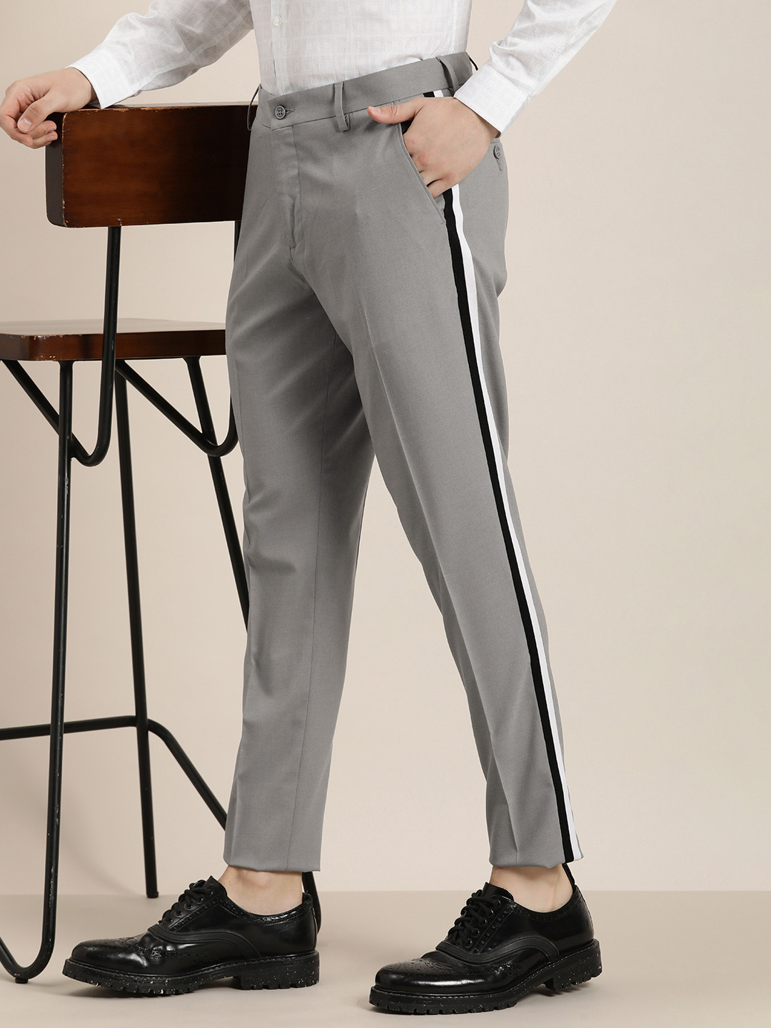 Buy INVICTUS Men Slim Fit Formal Trousers With Side Stripe Details ...