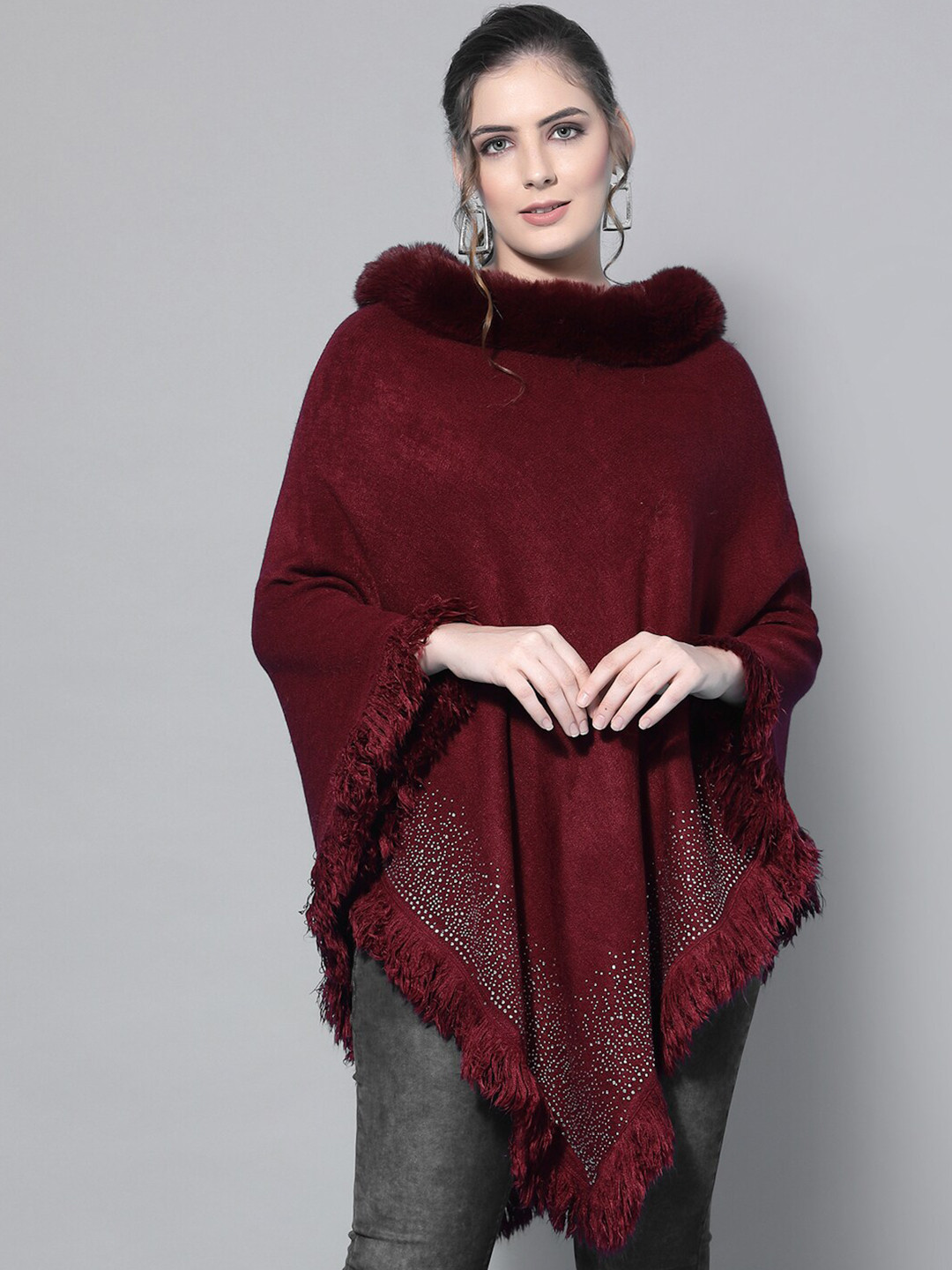 Buy Mafadeny Women Maroon Embroidered Poncho With Embellished Detail ...