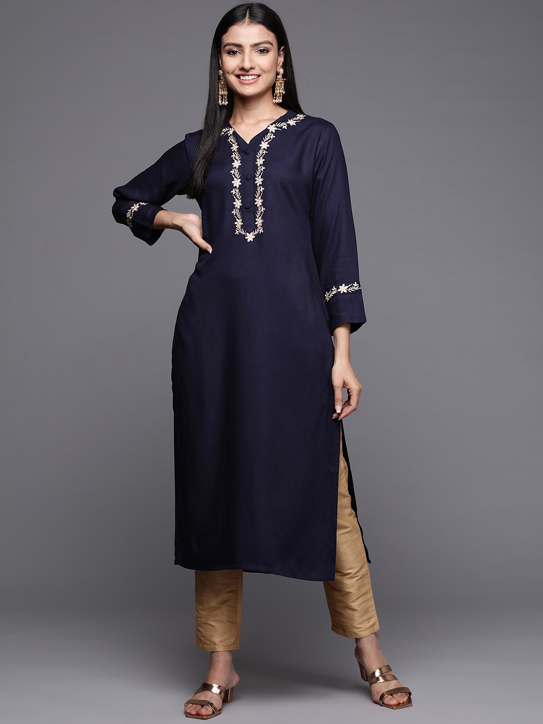 Buy Libas Women Navy Blue Pashmina Wool Floral Embroidered Thread Work