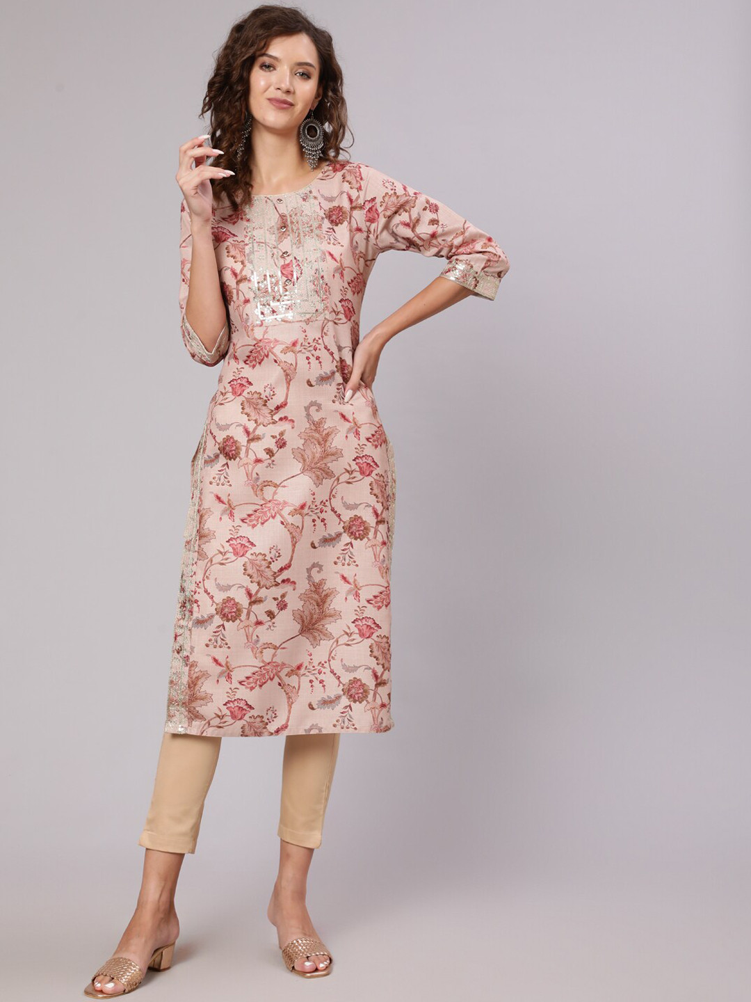 Buy Jaipur Kurti Women Beige & Brown Floral Printed Thread Work Kurta ...