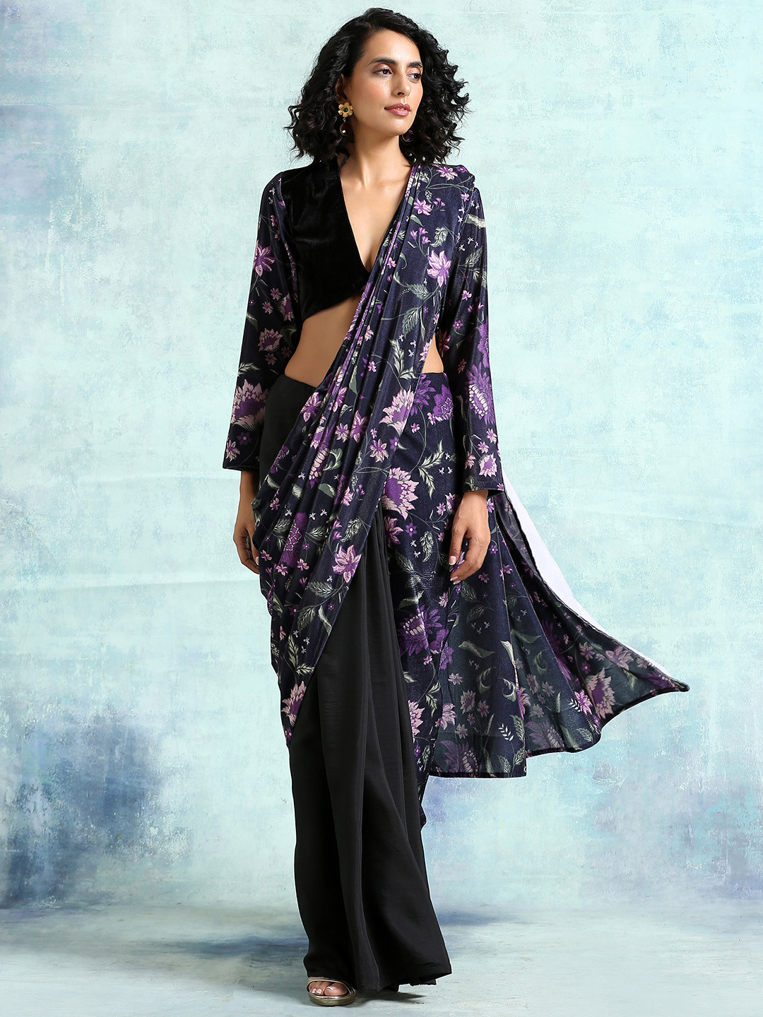 Buy TrueBrowns Black & Purple Floral Velvet Saree - Sarees for Women ...