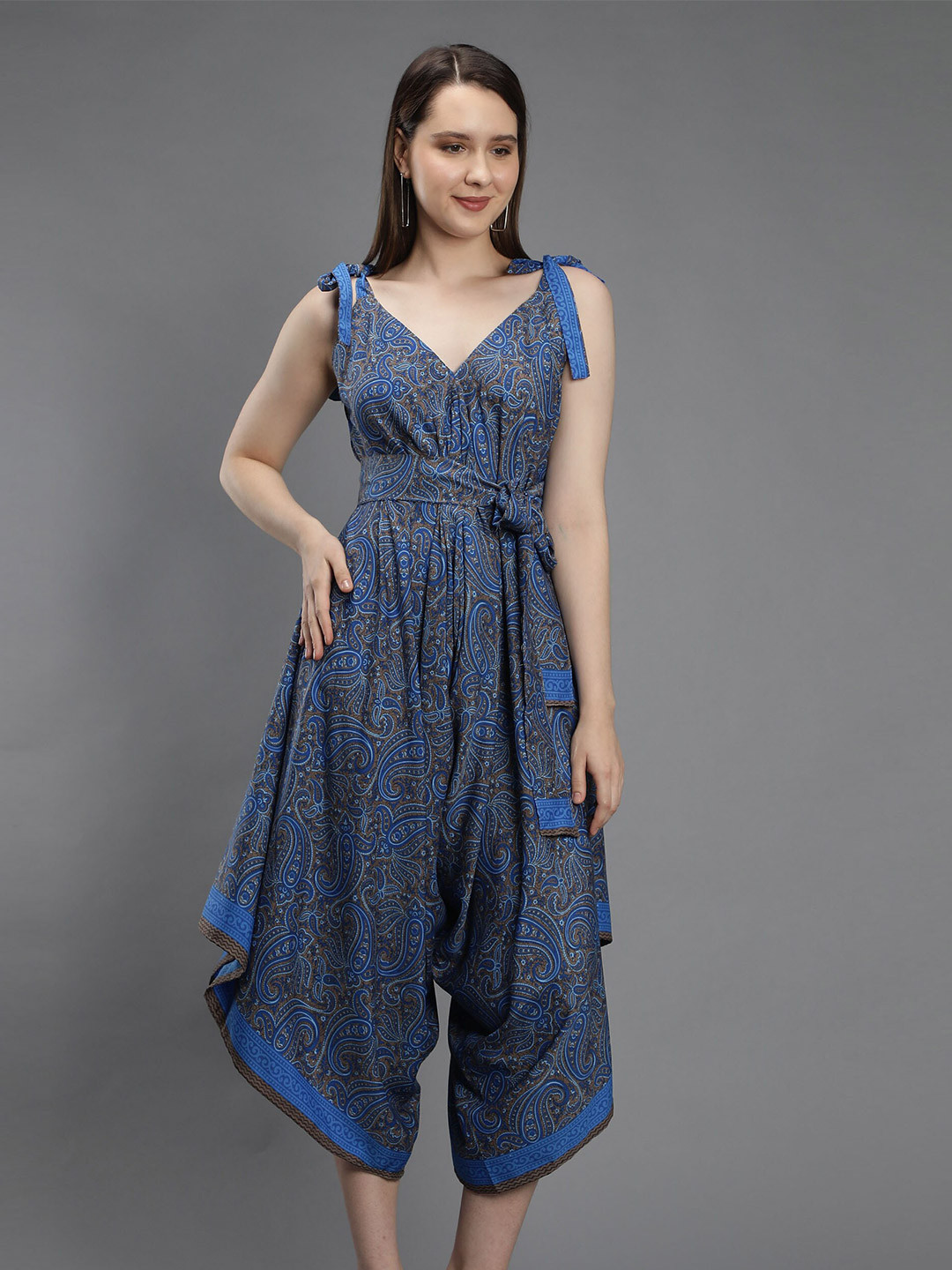 Buy Aditi Wasan Blue & Brown Paisley Printed Basic Jumpsuit - Jumpsuit ...