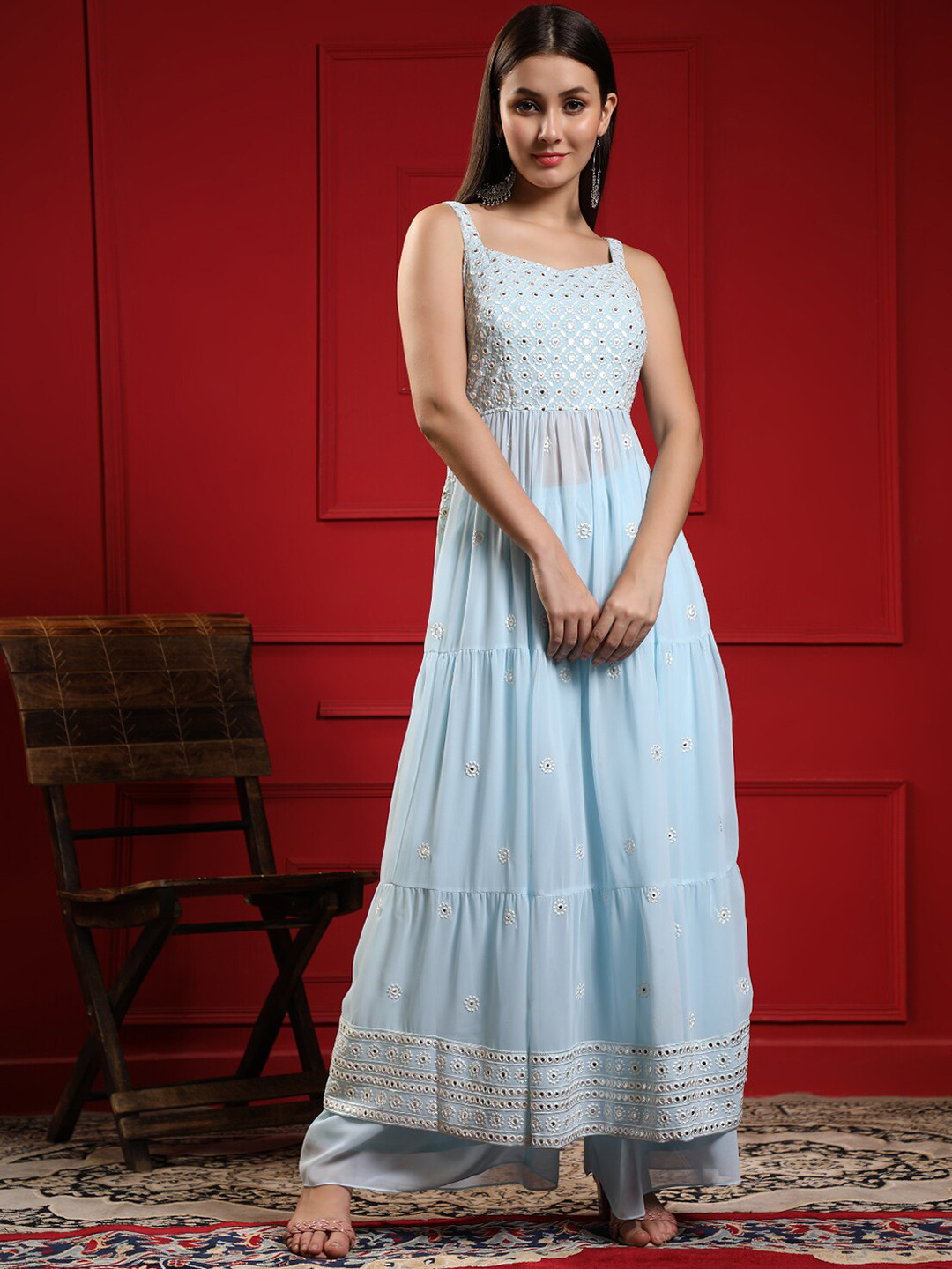 Buy KALINI Women Blue Floral Embroidered Tiered Mirror Work Kurta With Sharara & With Dupatta ...