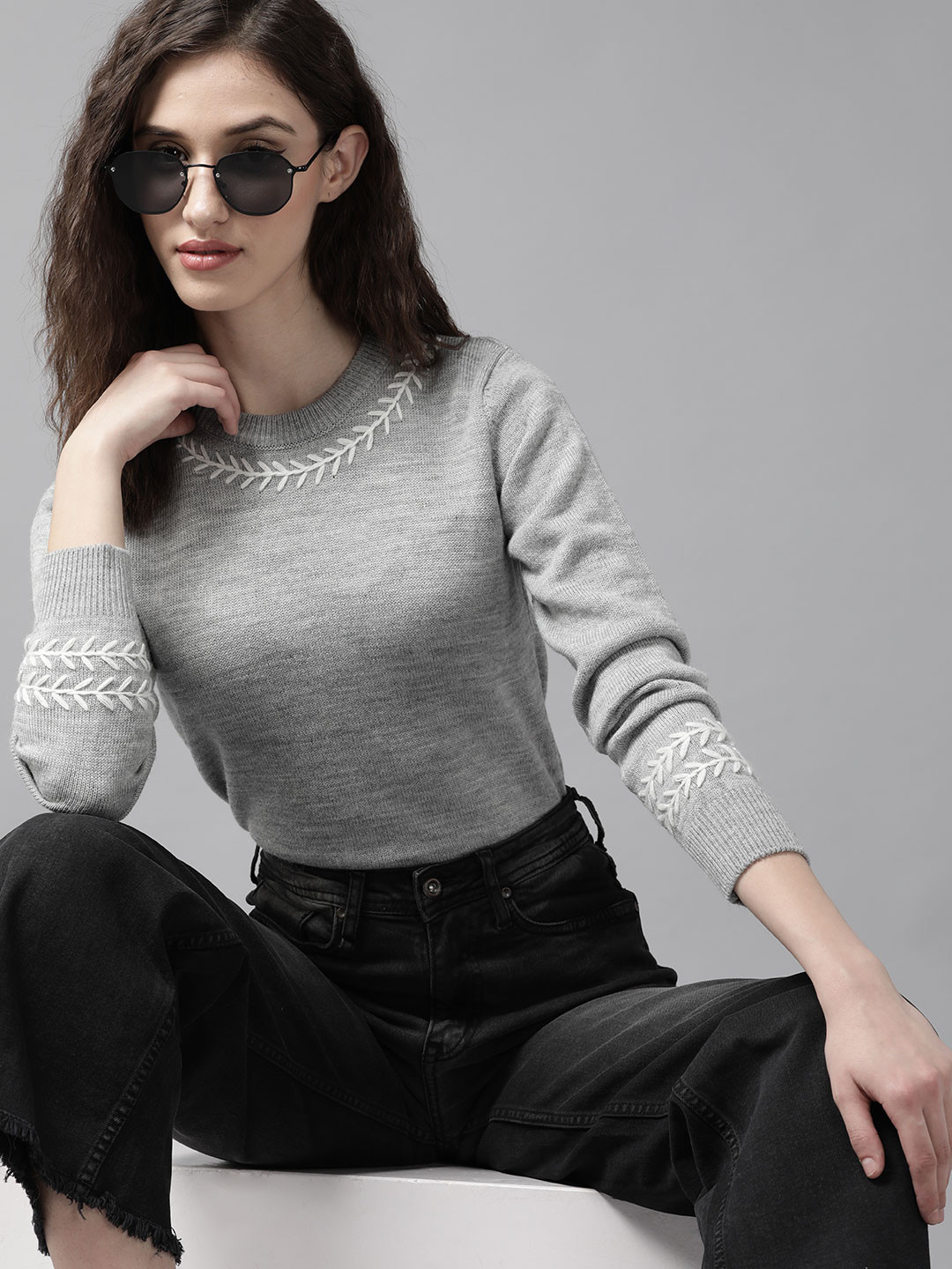Buy The Roadster Lifestyle Co. Women Grey Solid Sweater - Sweaters for ...