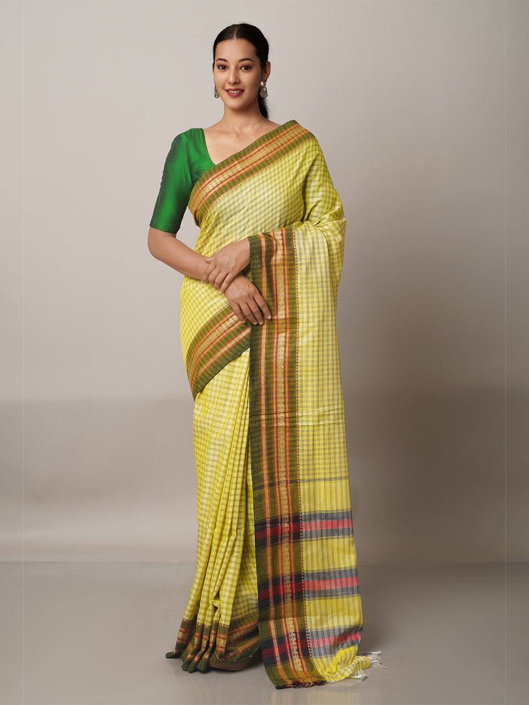 Buy Unnati Silks Yellow & Green Checked Pure Cotton Narayan Peth Saree ...