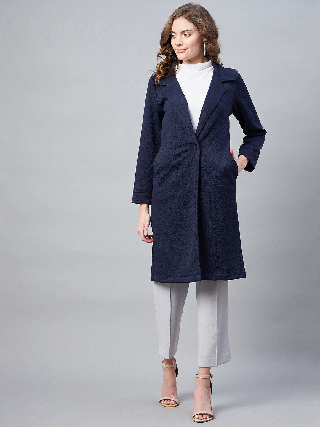 Buy StyleStone Women Navy Blue Self Design OverCoat - Coats for Women ...