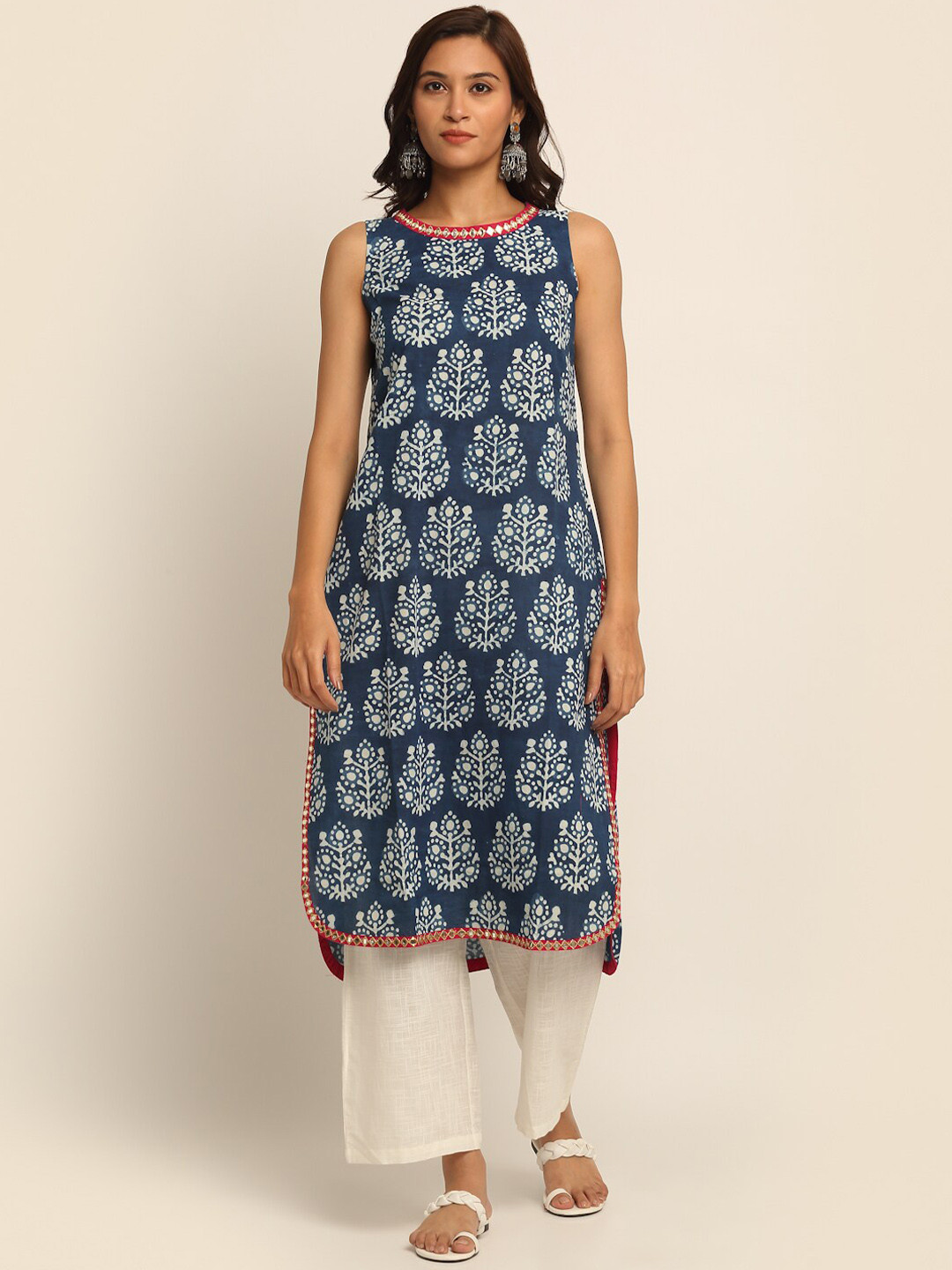 Buy EK BY EKTA KAPOOR Women Blue Ethnic Motifs Block Printed Boat Neck ...