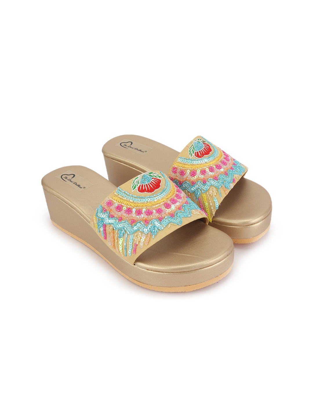 Buy The Desi Dulhan Women Gold Toned & Pink Ethnic Wedge Sandals ...