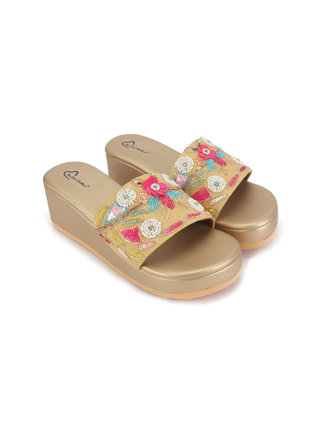 Buy The Desi Dulhan Women Gold Toned & Pink Embellished Ethnic Wedge ...