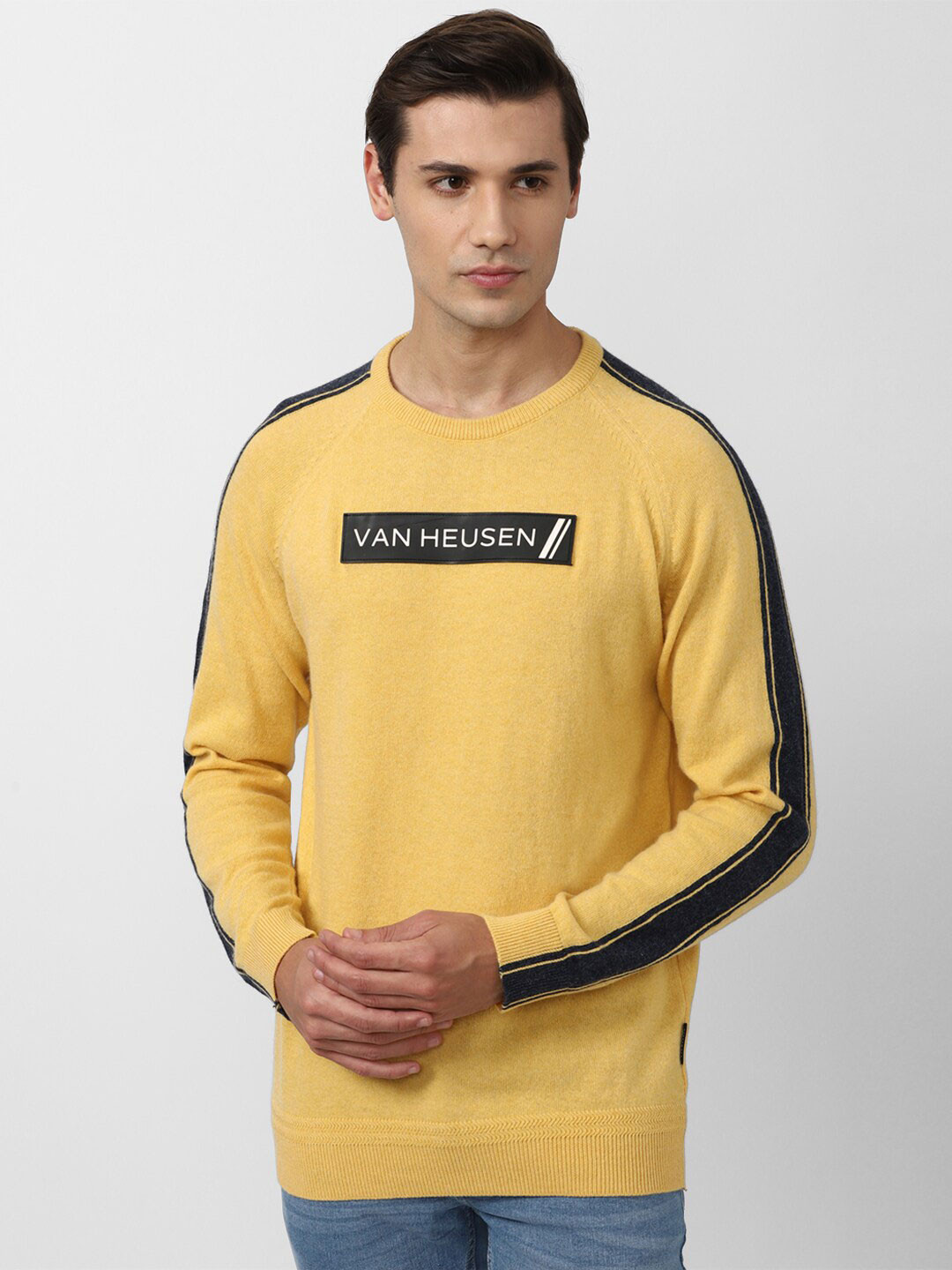 Buy Van Heusen Sport Men Yellow & Black Typography Printed Cashmere ...