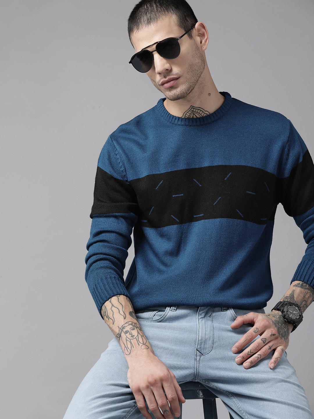 Buy Roadster Men Blue & Navy Blue Acrylic Colourblocked Pullover ...