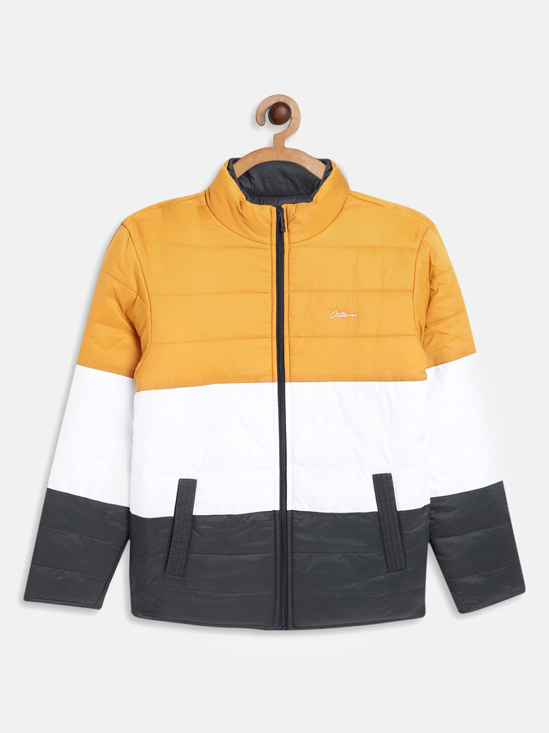 Buy Octave Boys Mustard White Colourblocked Stand Collar Puffer Jacket ...