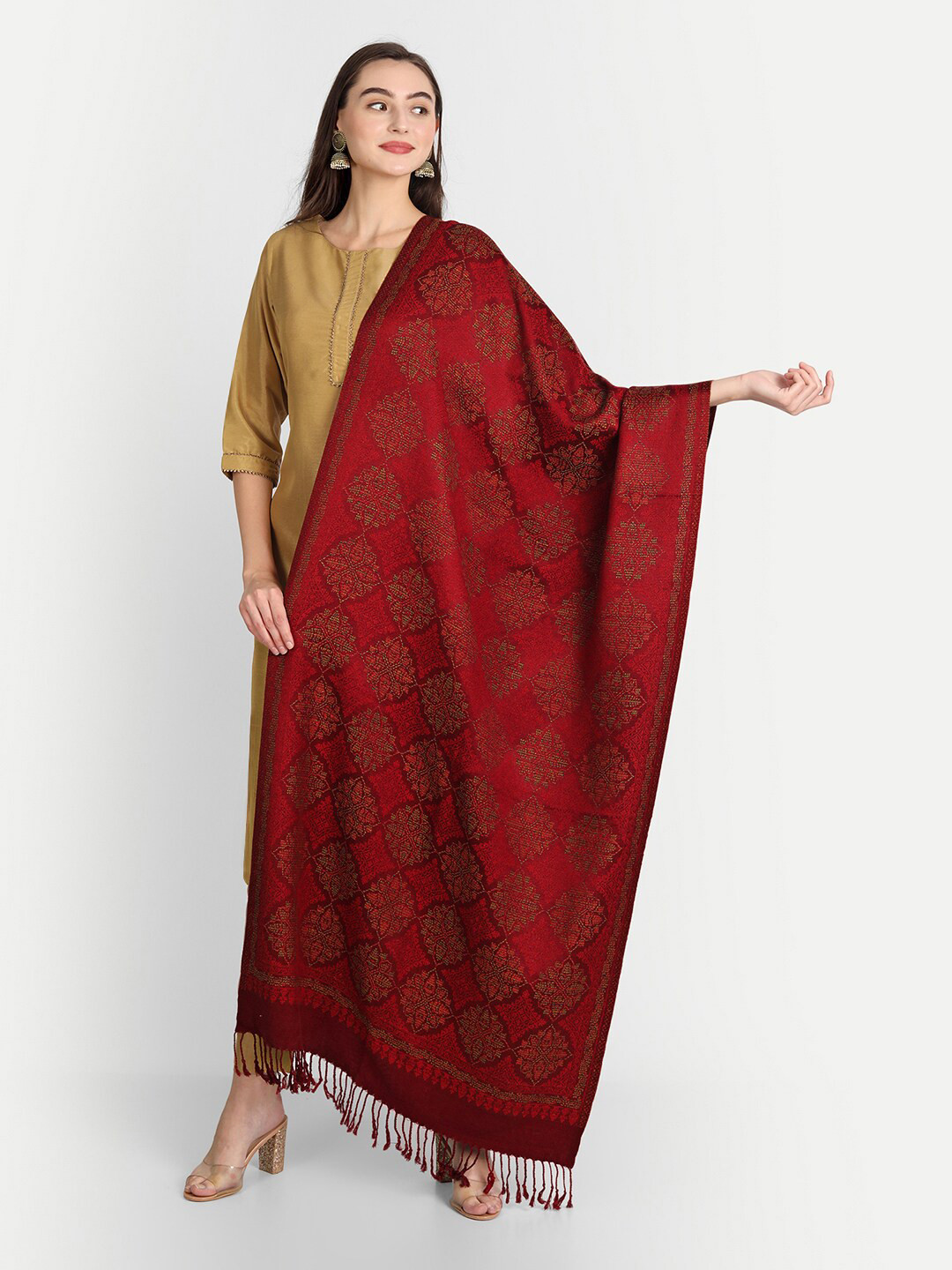 Buy HK Colours Of Fashion Women Maroon & Green Woven Design Stole ...