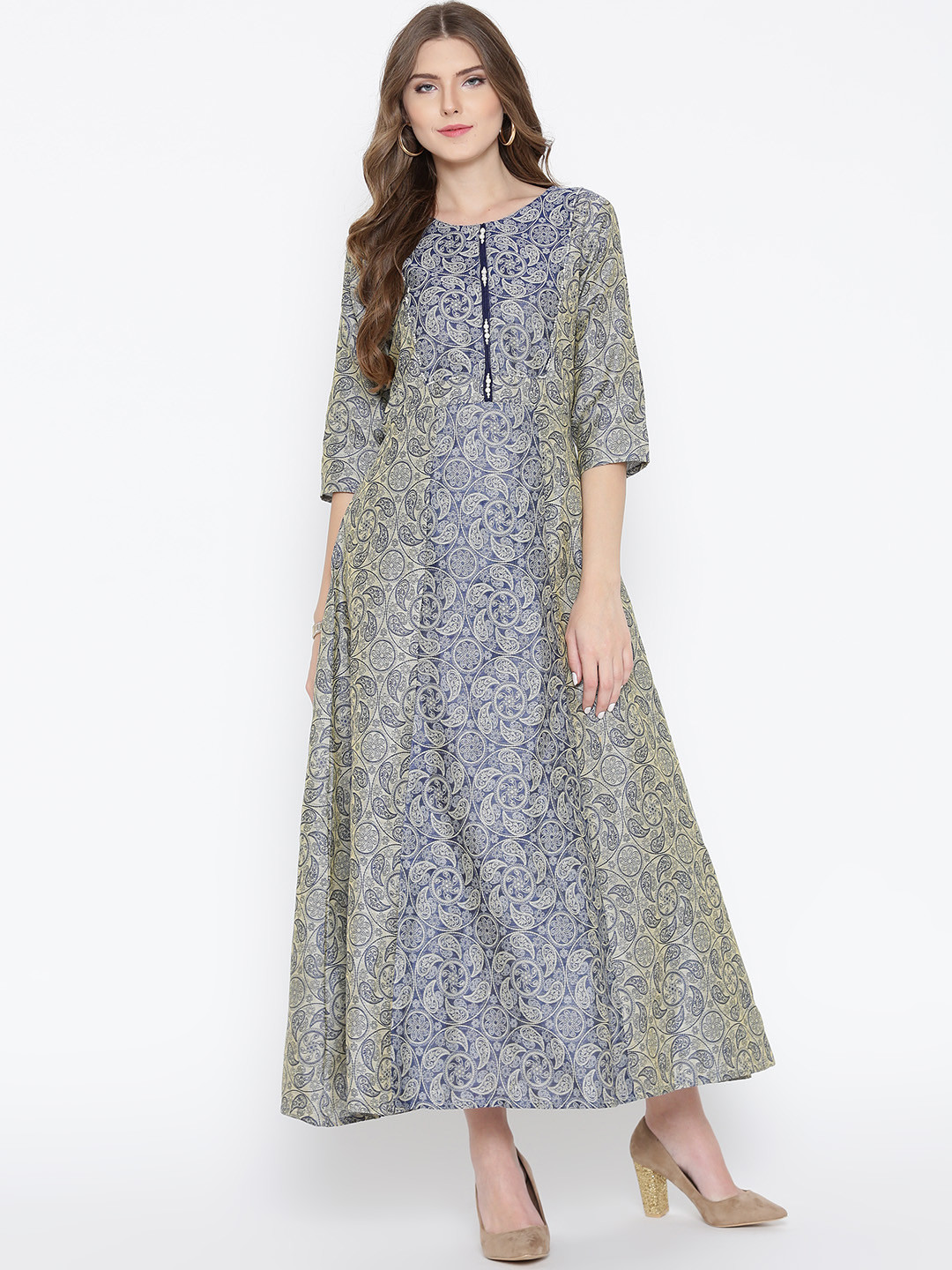 Buy Shree Women Blue & Beige Woven Design Maxi Dress - Dresses for ...