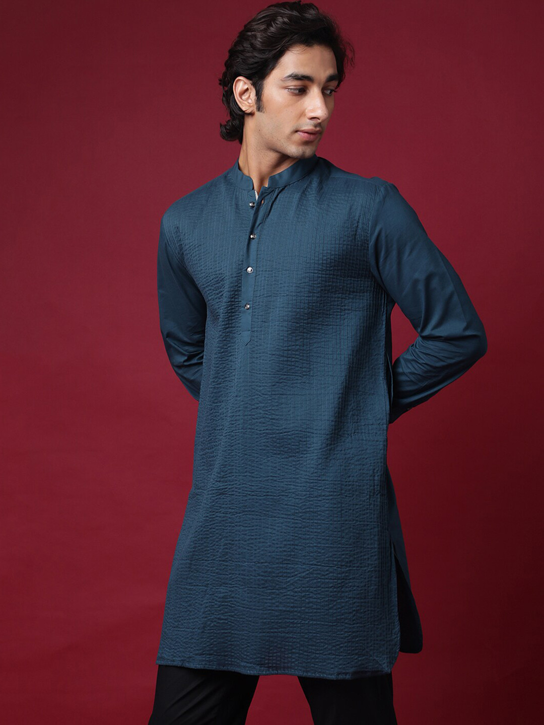 Buy RARE RABBIT Men Pintuck 1 Regular Fit Mandarin Striped Kurta ...