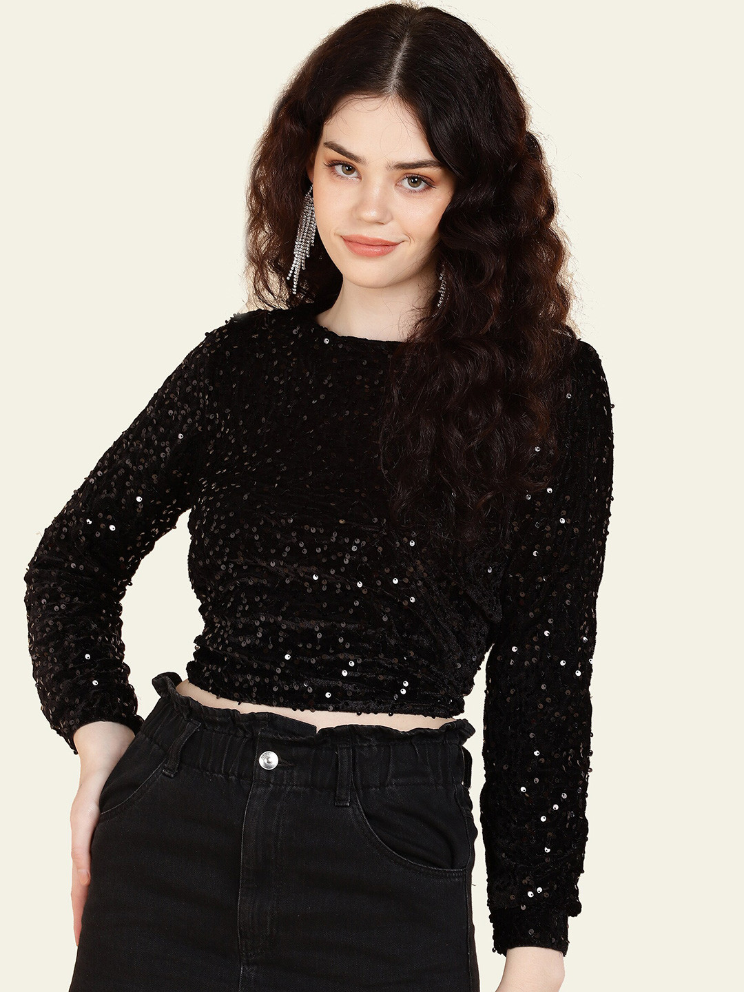 Buy DressBerry Black Embellished Velvet Crop Top - Tops for Women ...