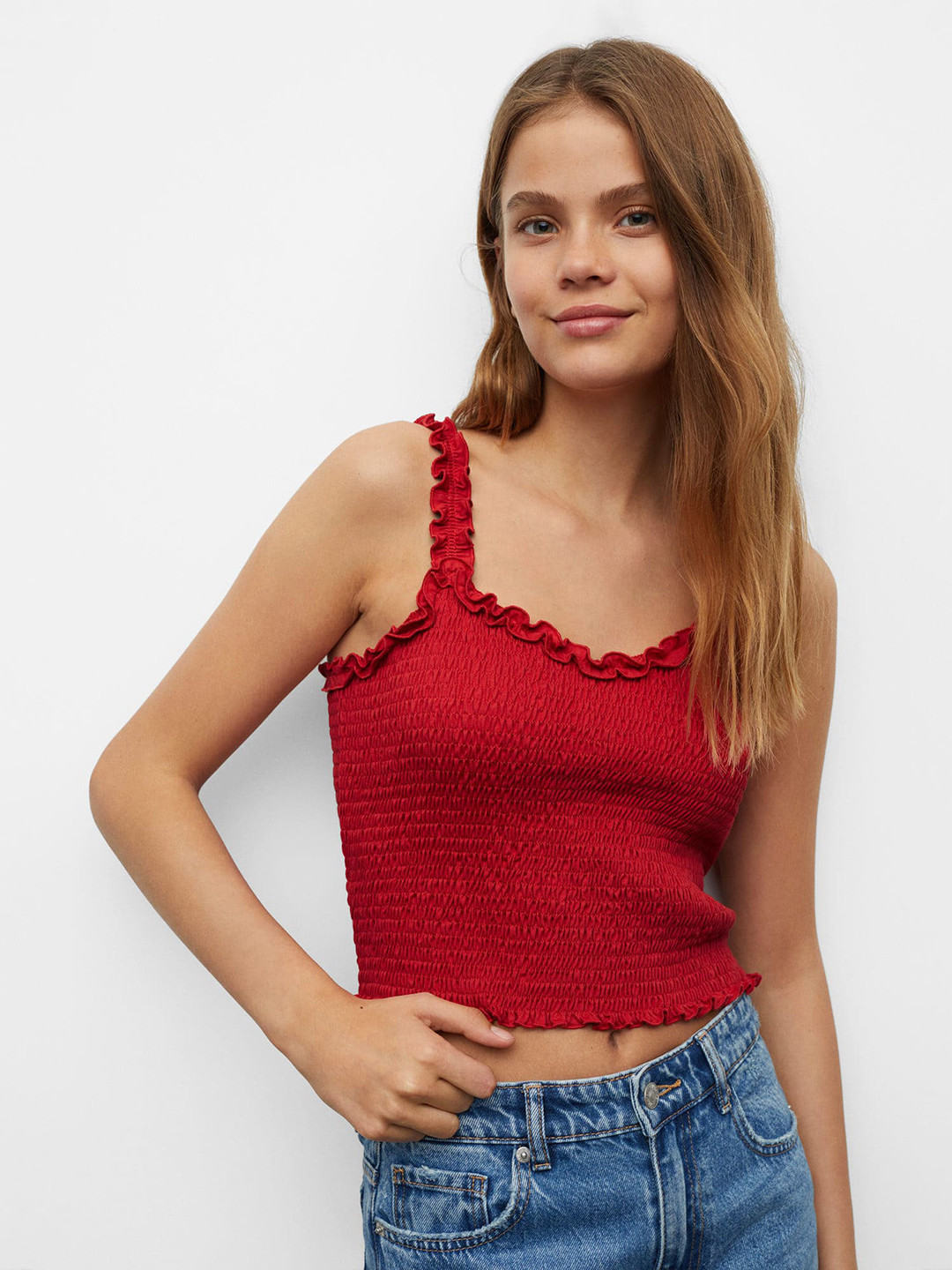 Buy Mango Kids Girls Maroon Solid Smocked Crop Top - Tops for Girls ...